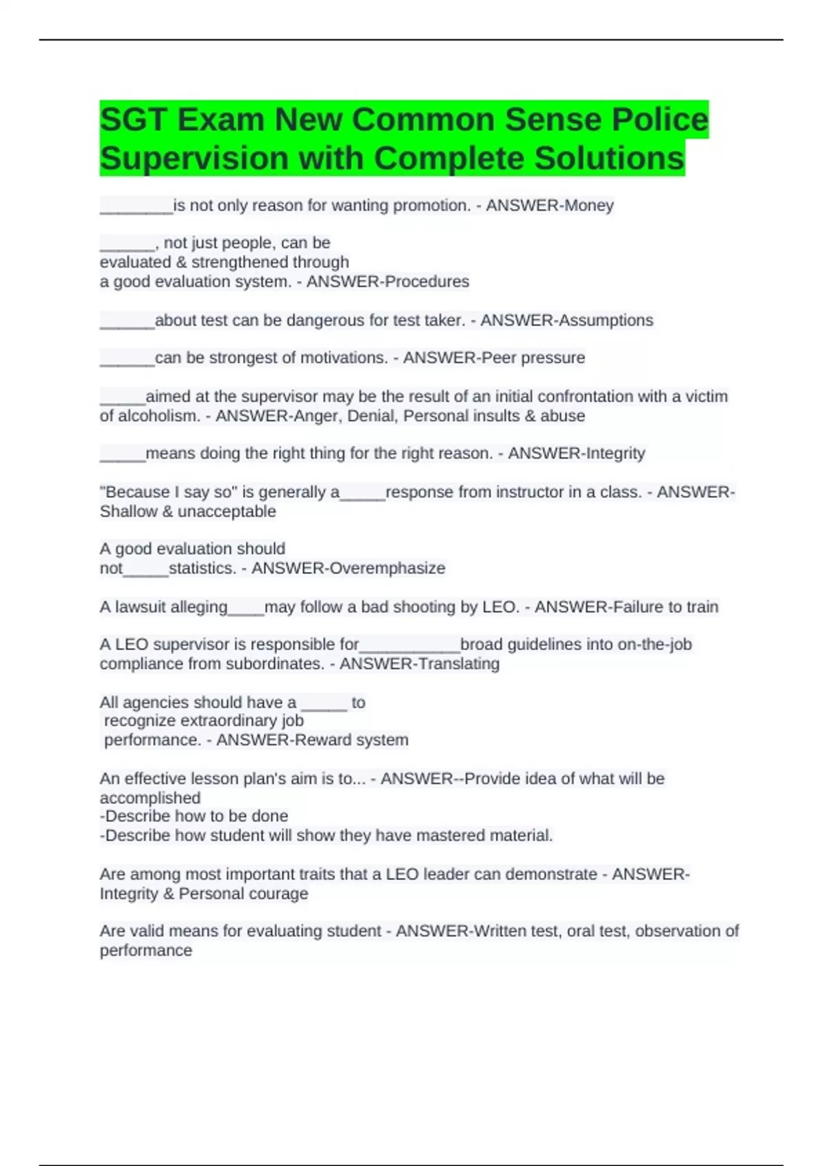 SGT Exam New Common Sense Police Supervision with Complete Solutions ...