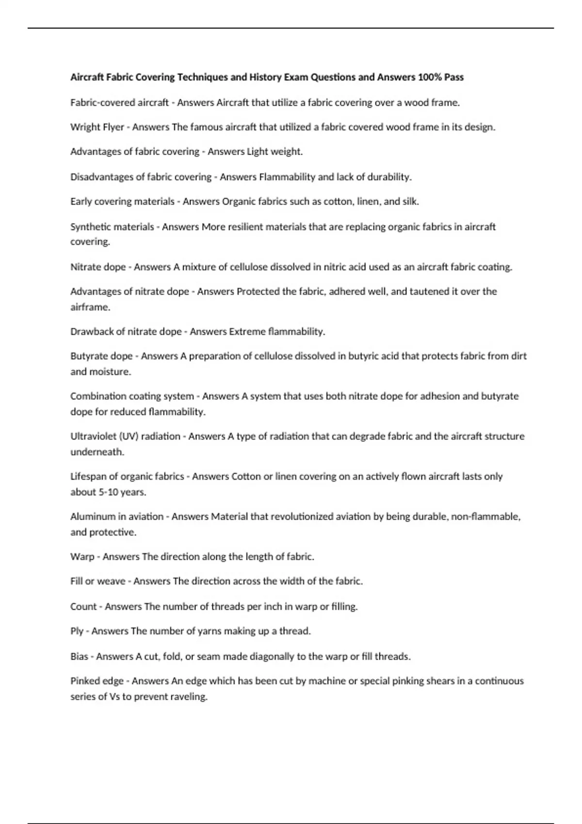 Aircraft Fabric Covering Techniques and History Exam Questions and ...