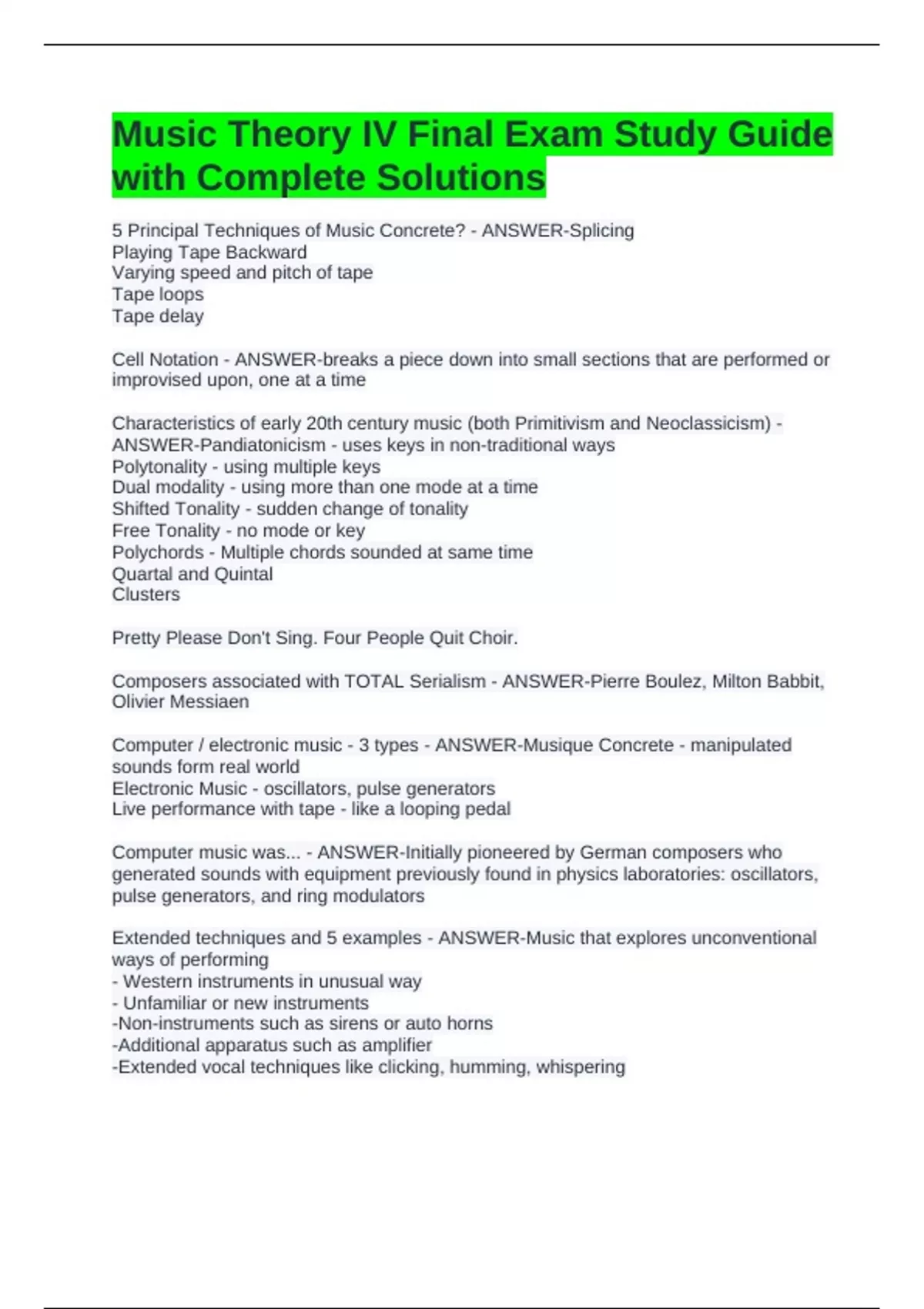 Music Theory IV Final Exam Study Guide with Complete Solutions - Music ...