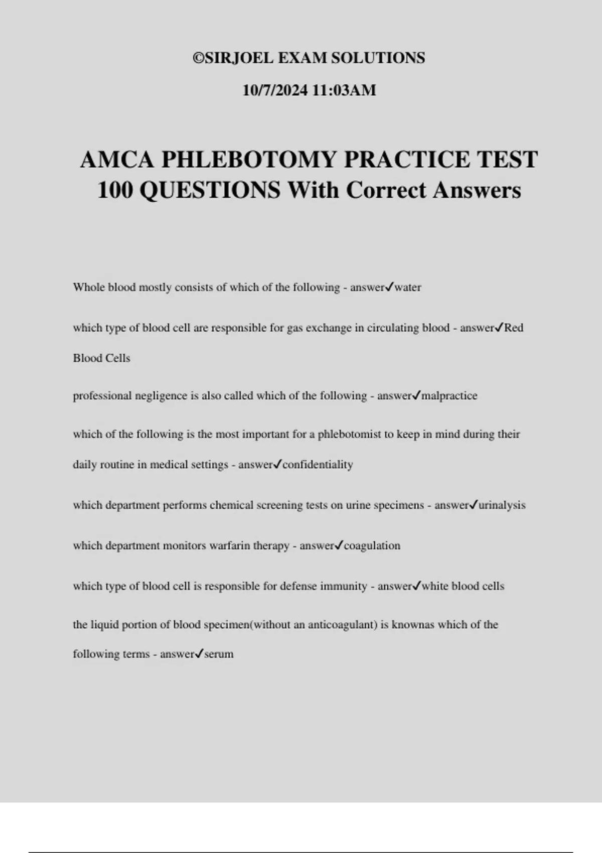 AMCA PHLEBOTOMY PRACTICE TEST 100 QUESTIONS With Correct Answers - AMCA ...