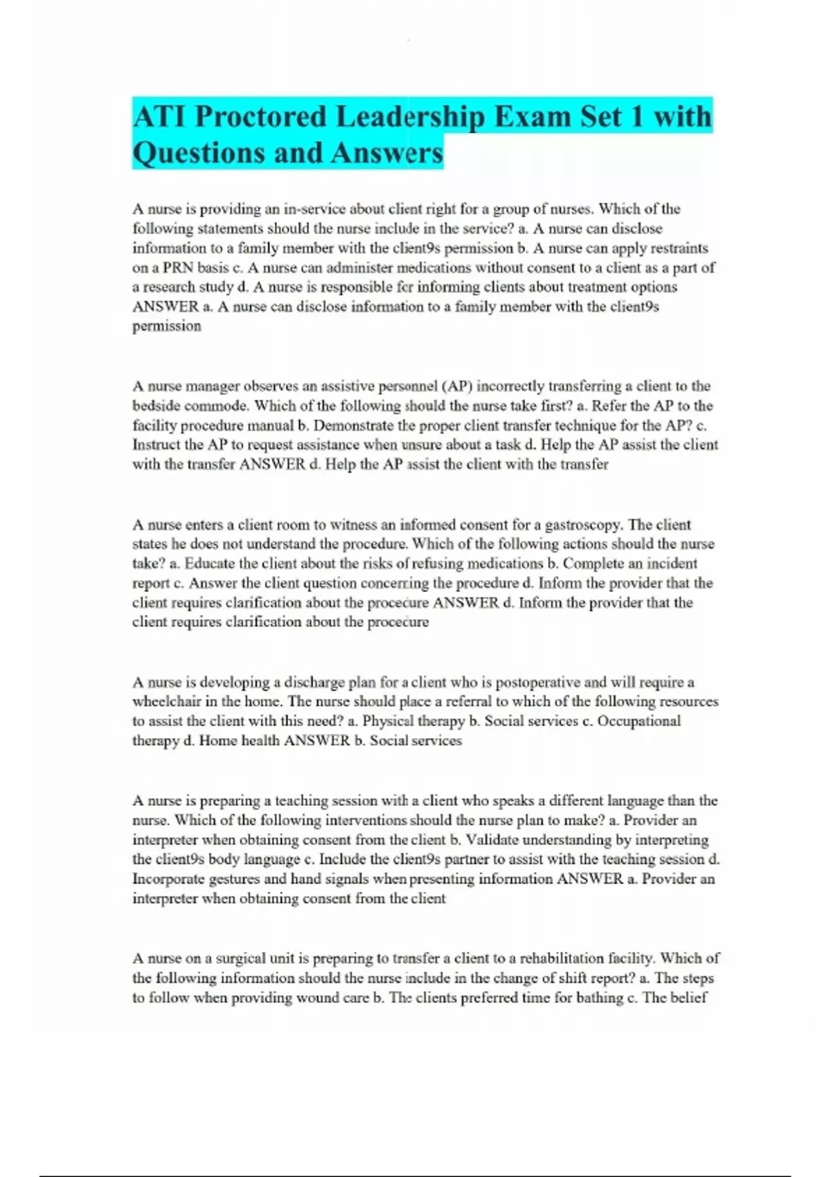 ATI Proctored Leadership Exam Set 1 with Questions and Answers - ATI ...