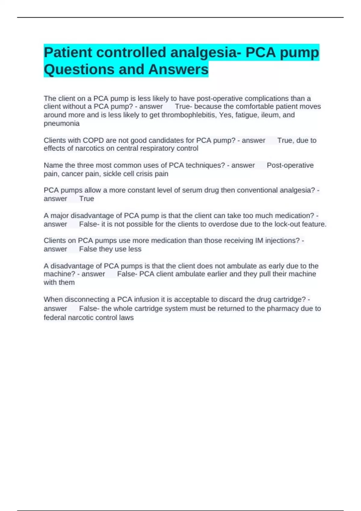 Patient controlled analgesia- PCA pump Questions and Answers - Pca ...