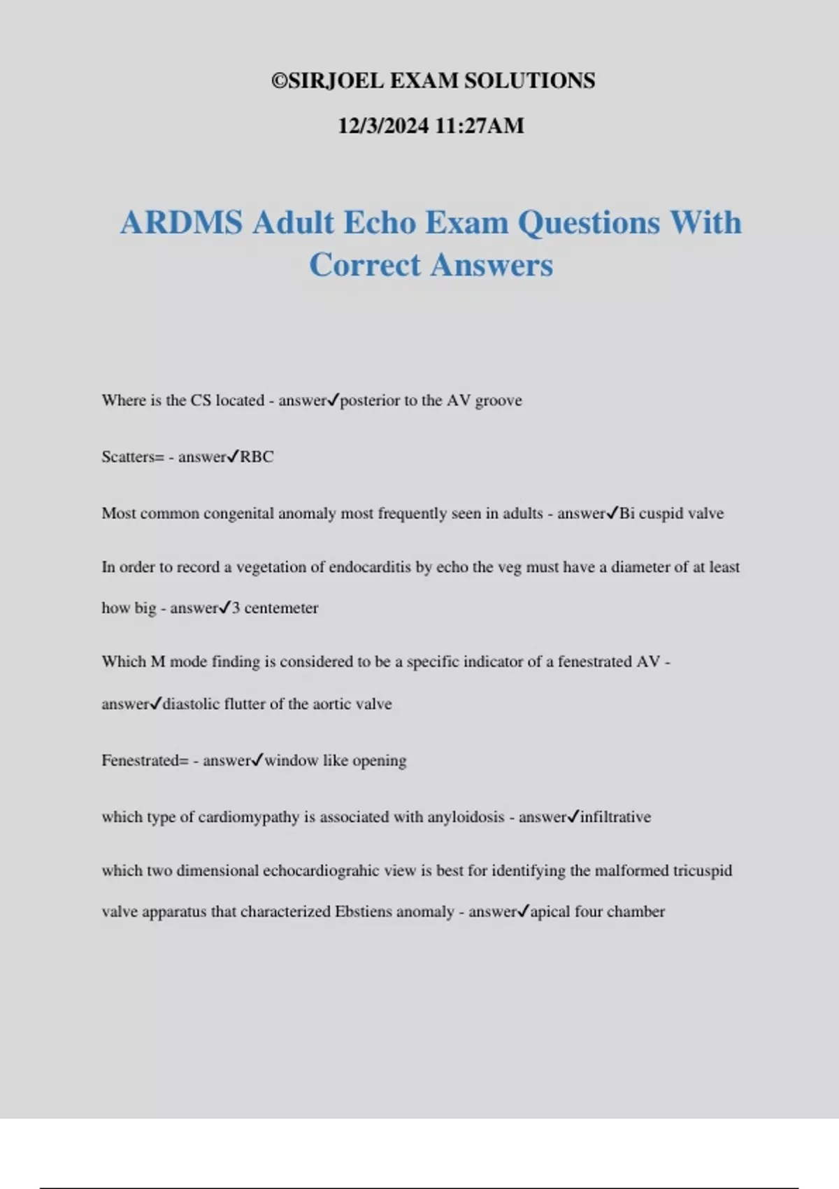 ARDMS Adult Echo Exam Questions With Correct Answers - Ardms abdomen ...