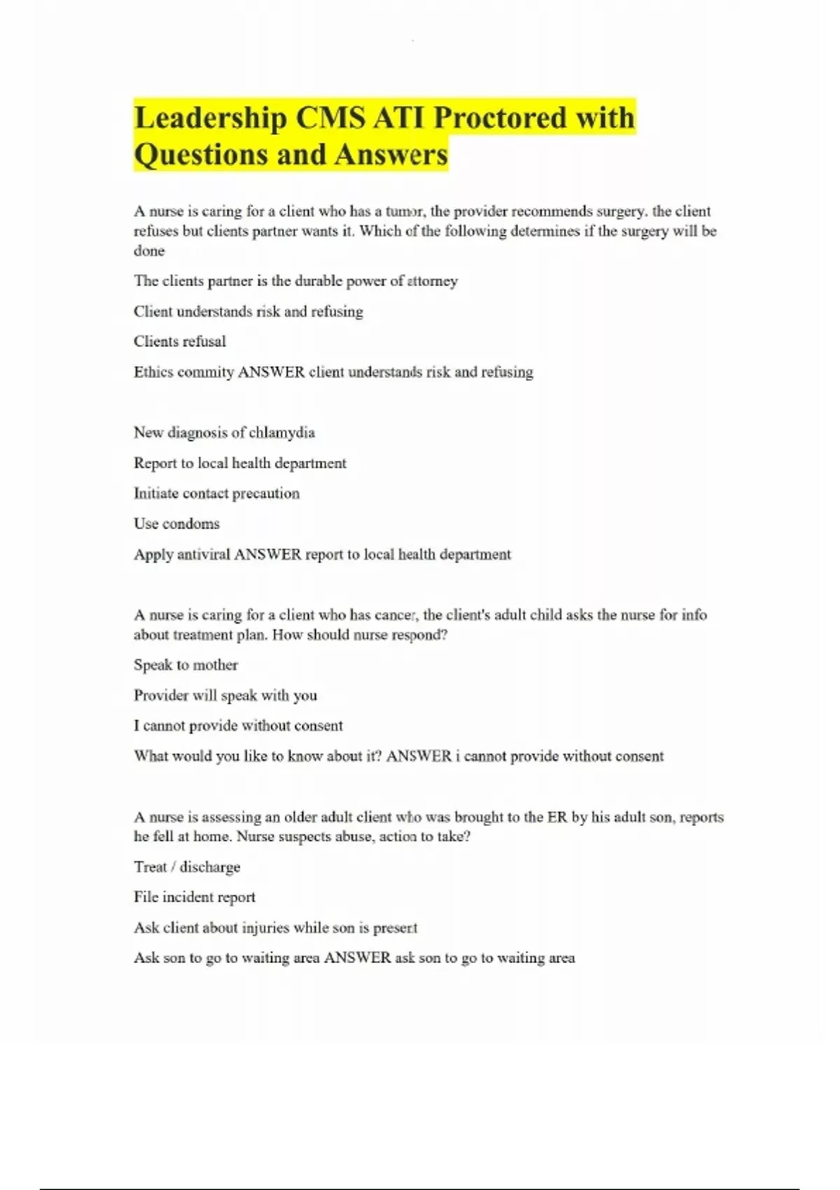 Leadership CMS ATI Proctored with Questions and Answers - ATI - Stuvia US
