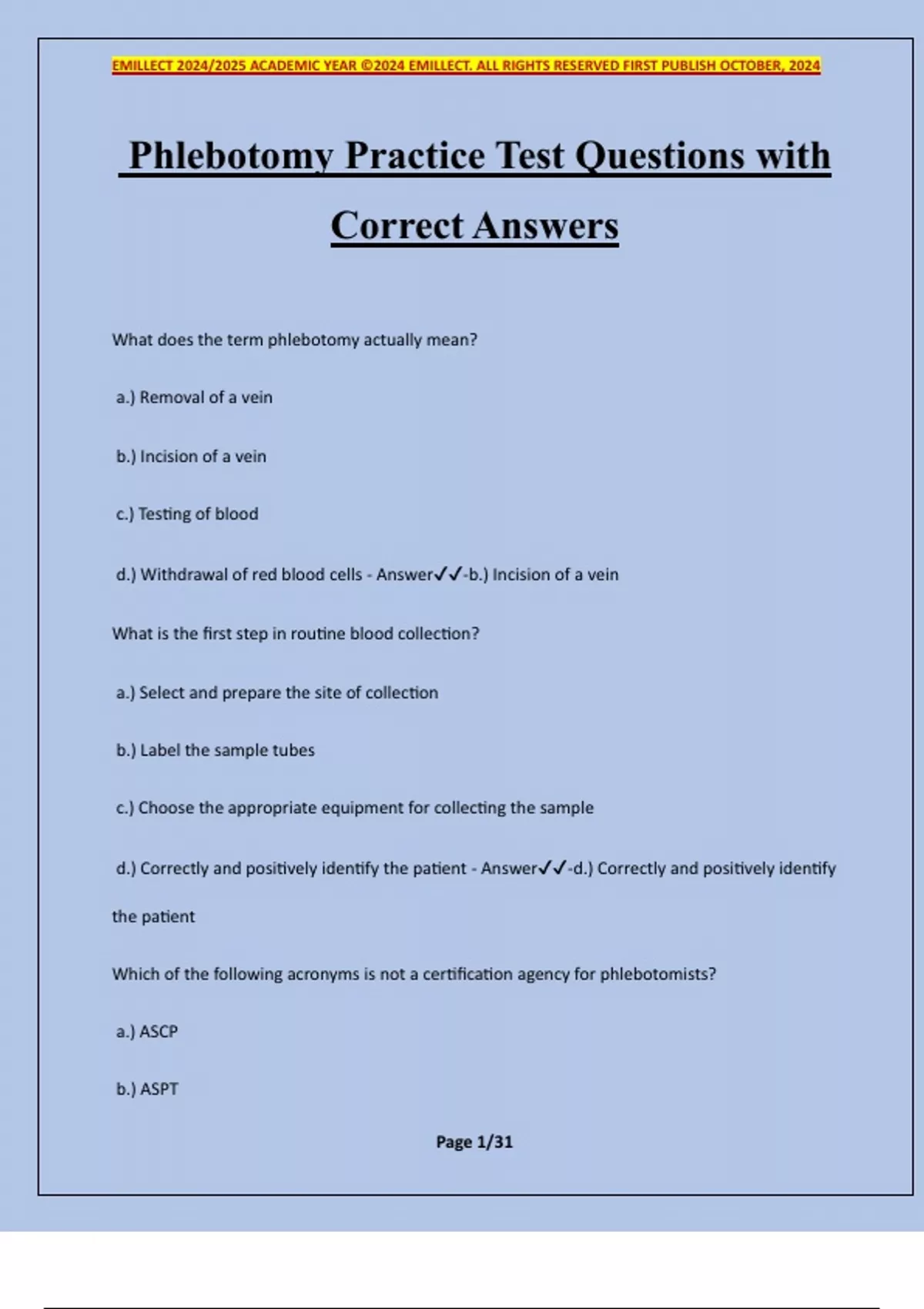 Phlebotomy Practice Test Questions with Correct Answers - 2024/2025 ...
