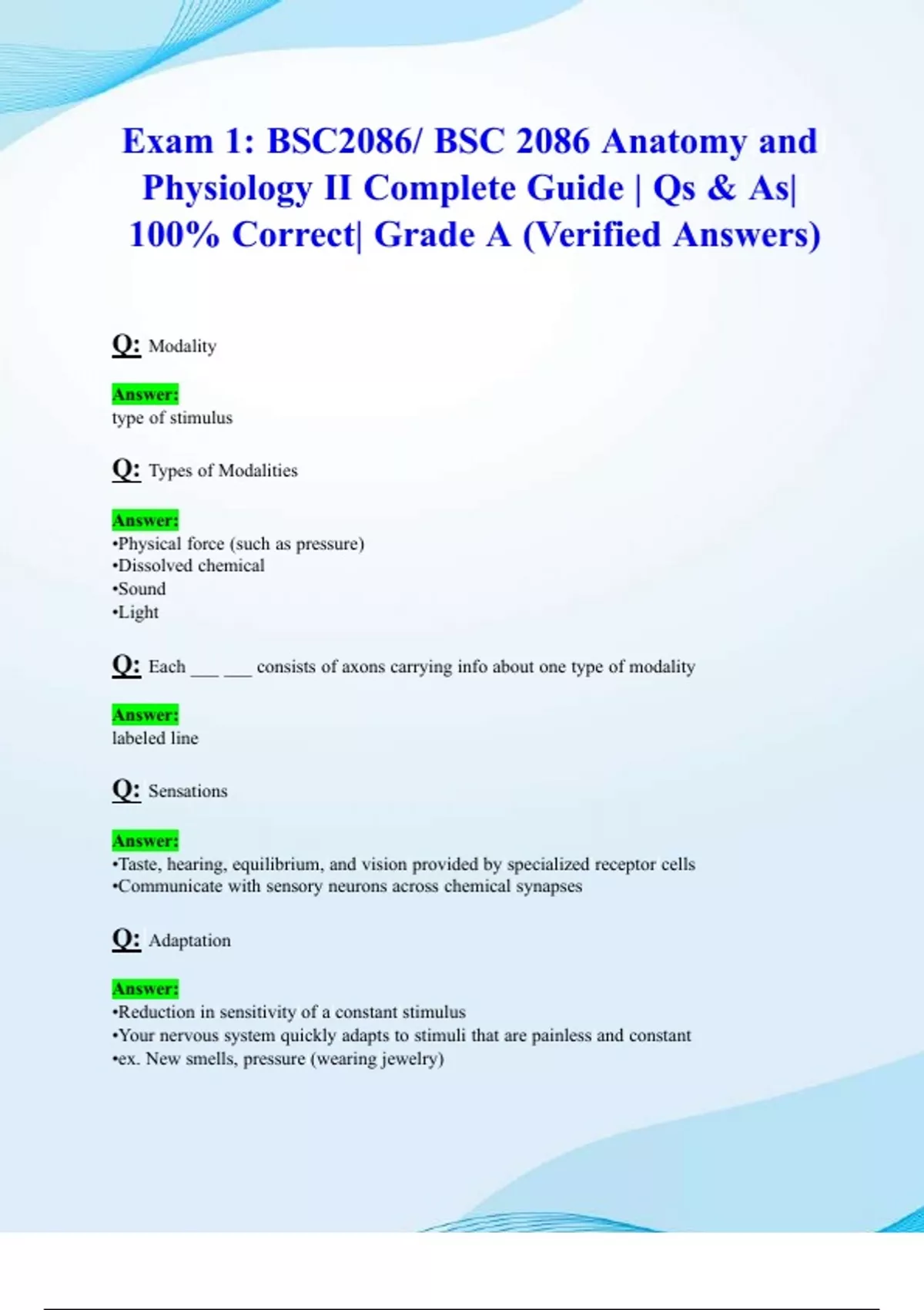 Exam 1: BSC2086/ BSC 2086 (Latest 2024/ 2025 Update) Anatomy and ...