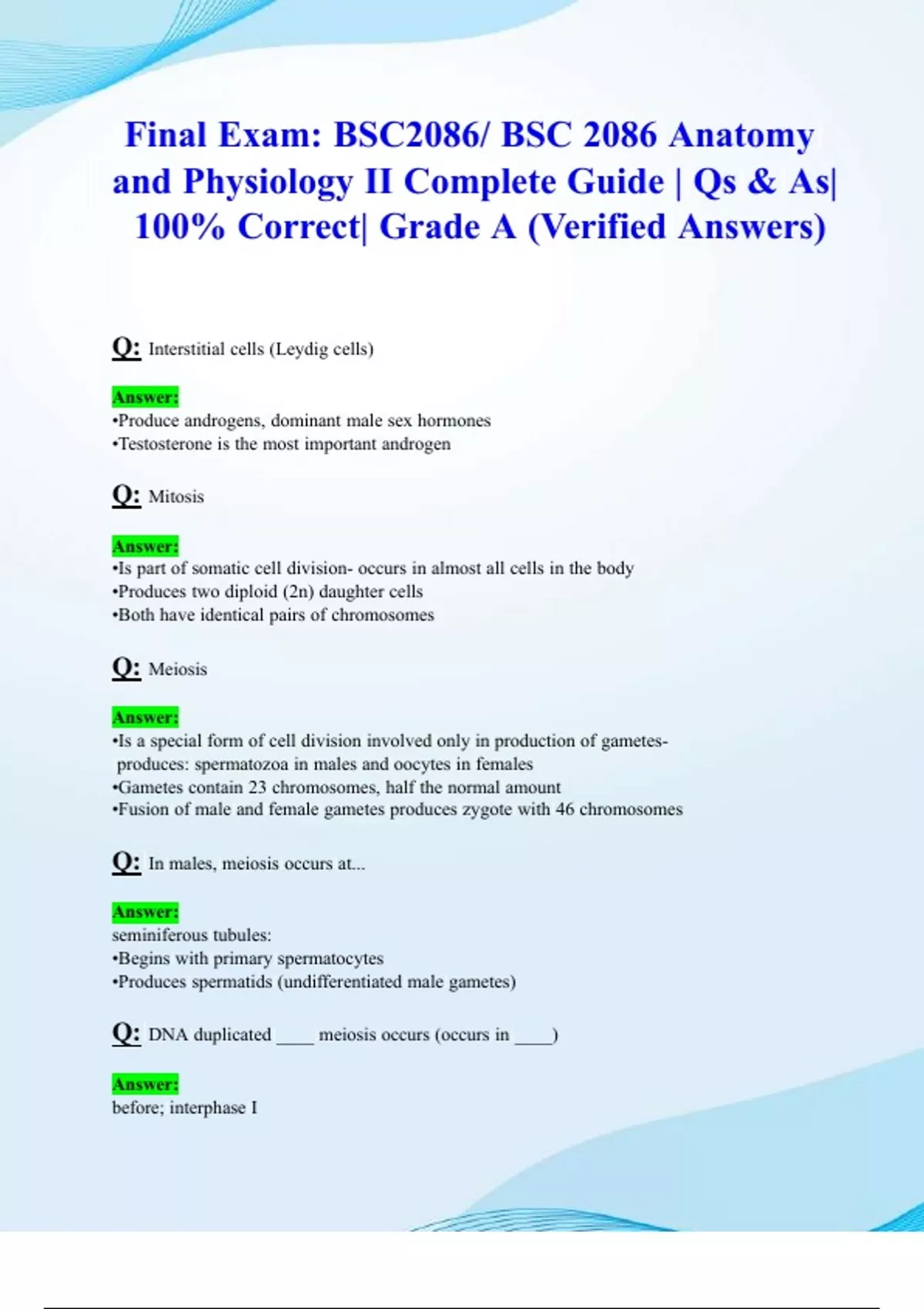 Final Exam: BSC2086/ BSC 2086 (Latest 2024/ 2025 Update) Anatomy and ...