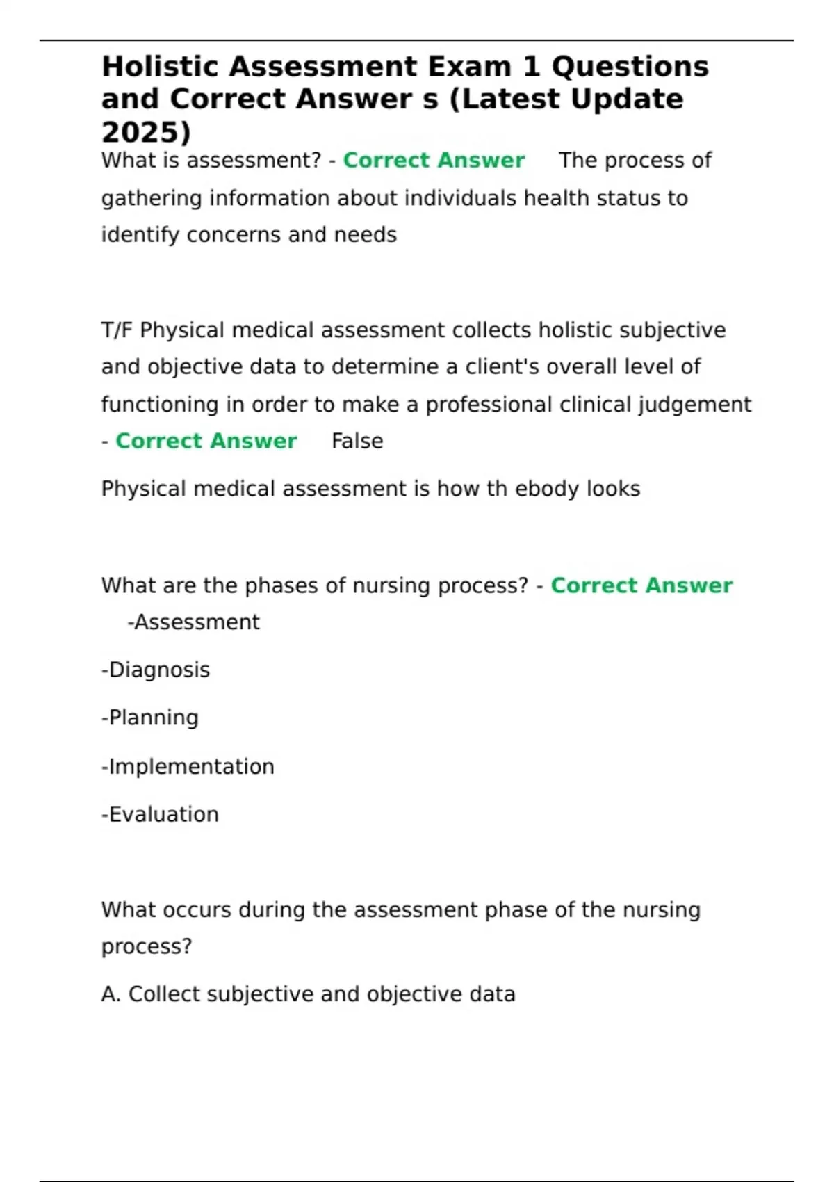 Holistic Assessment Exam 1 Questions and Correct Answer s (Latest ...