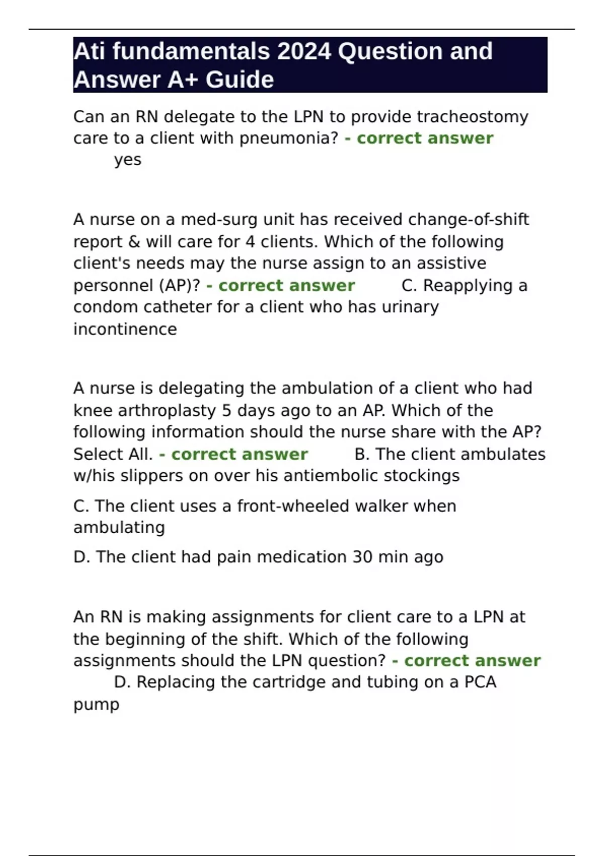 Ati fundamentals 2024 Question and Answer A+ Guide - Ati fundamentals ...