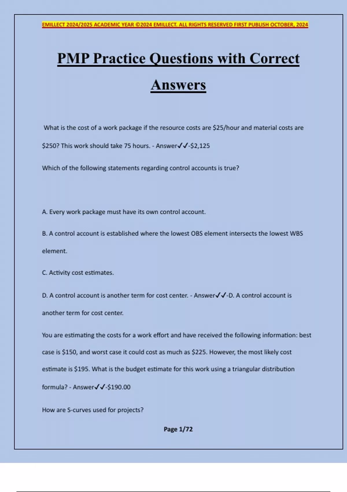 PMP Practice Questions with Correct Answers - 2024/2025 - Stuvia US