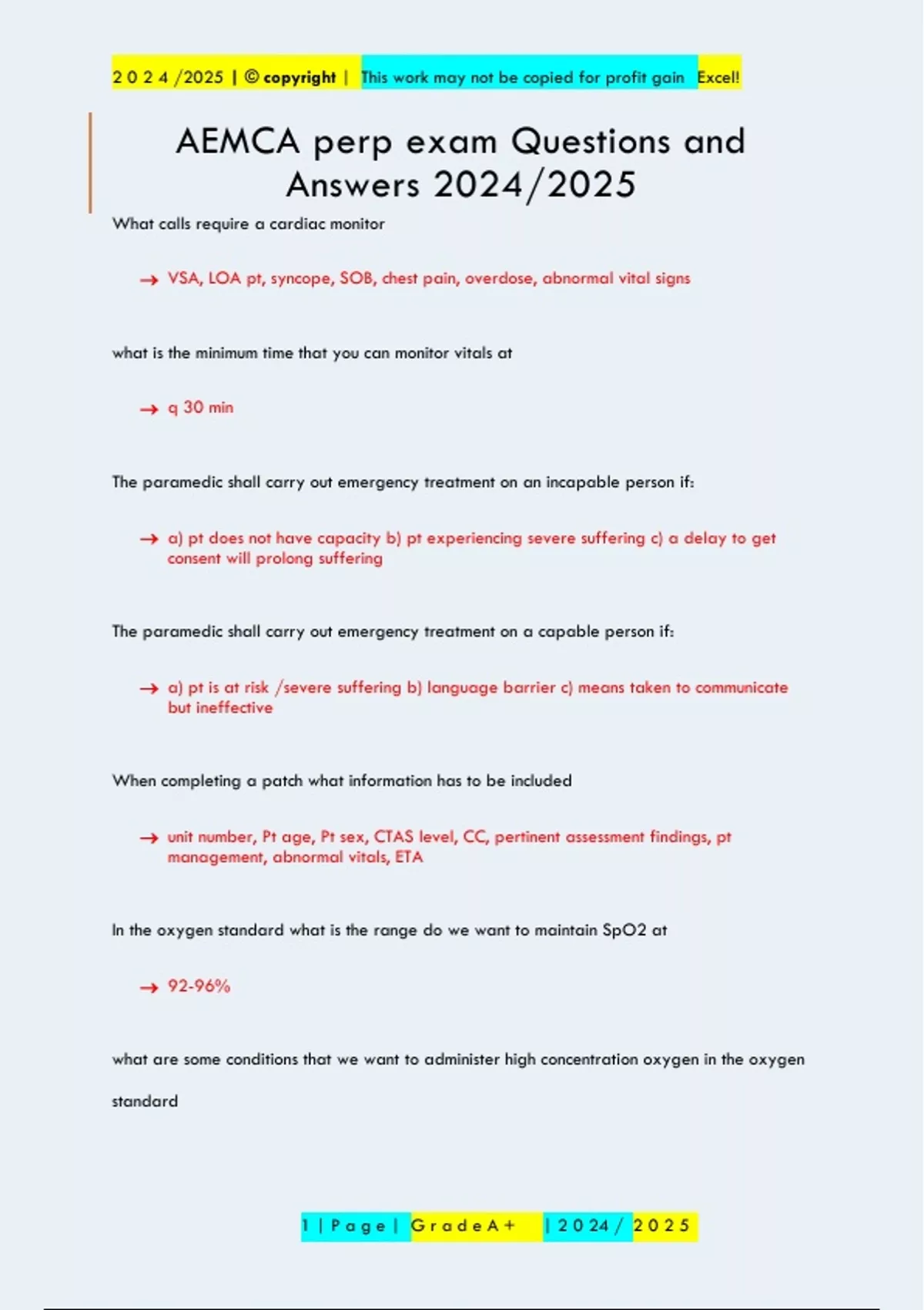 AEMCA perp exam Questions and Answers 2024/2025 What calls require a cardiac monitor → VSA, LOA ...