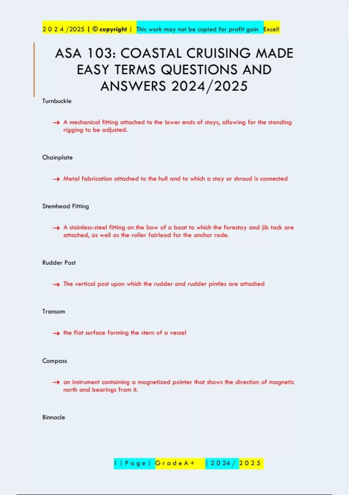 ASA 103: COASTAL CRUISING MADE EASY TERMS QUESTIONS AND ANSWERS 2024/ ...
