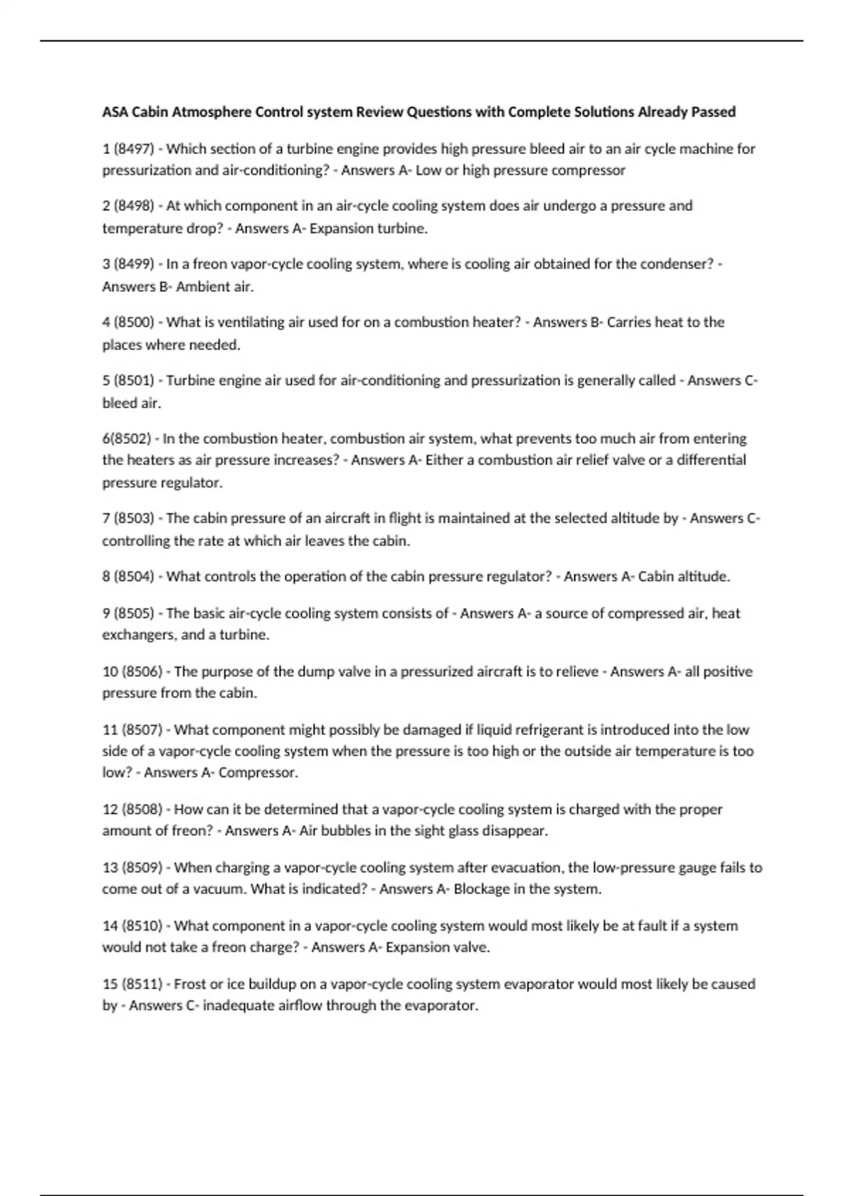 ASA Cabin Atmosphere Control system Review Questions with Complete ...
