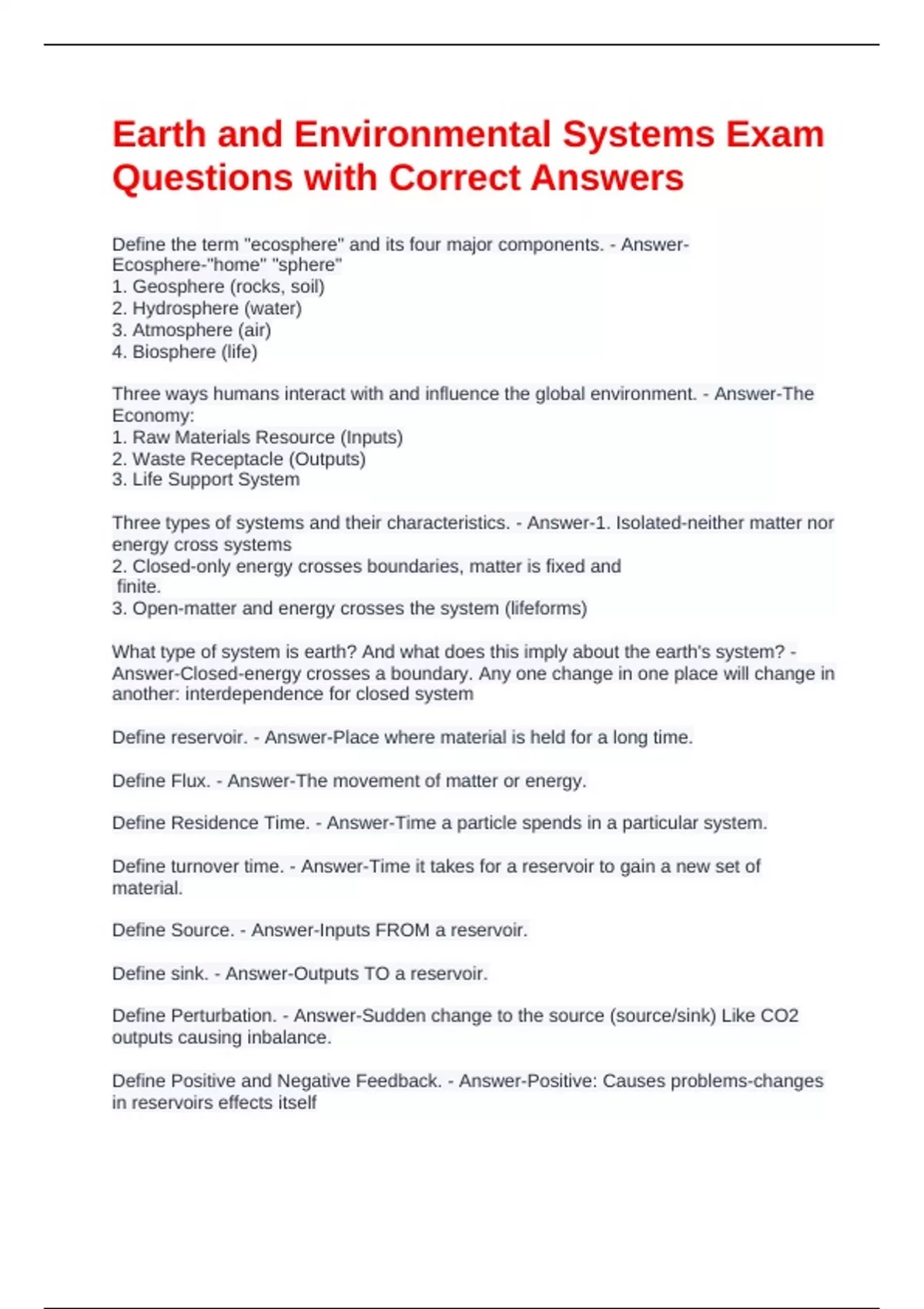 Earth and Environmental Systems Exam Questions with Correct Answers ...