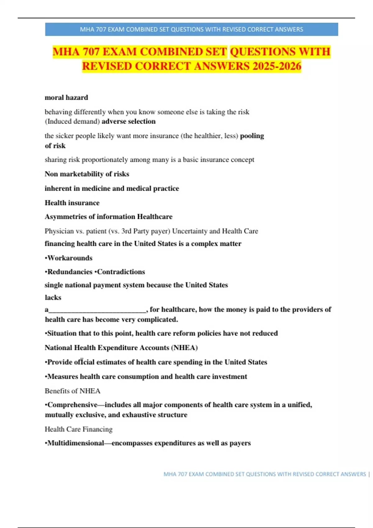 MHA 707 EXAM COMBINED SET QUESTIONS WITH REVISED CORRECT ANSWERS - Cstr ...