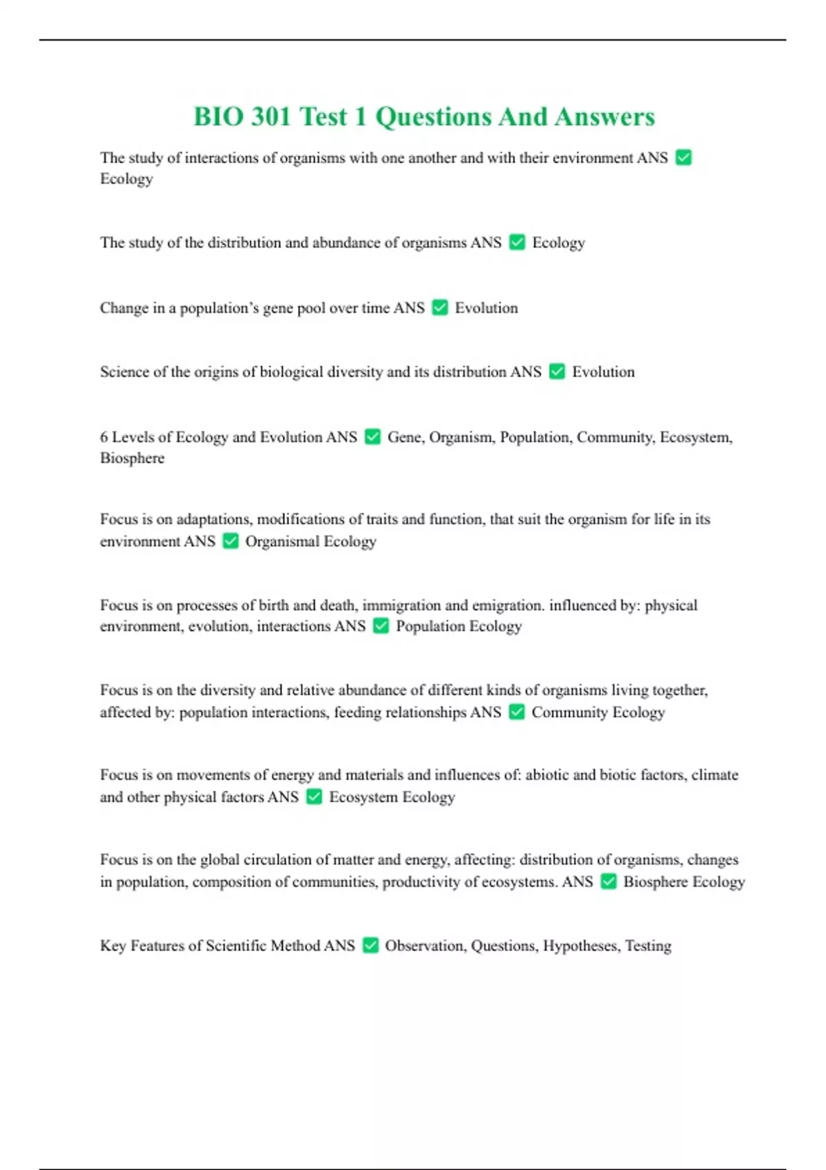 BIO 301 Test 1 Questions And Answers With 2024/2025 Updates - BIO 301 ...