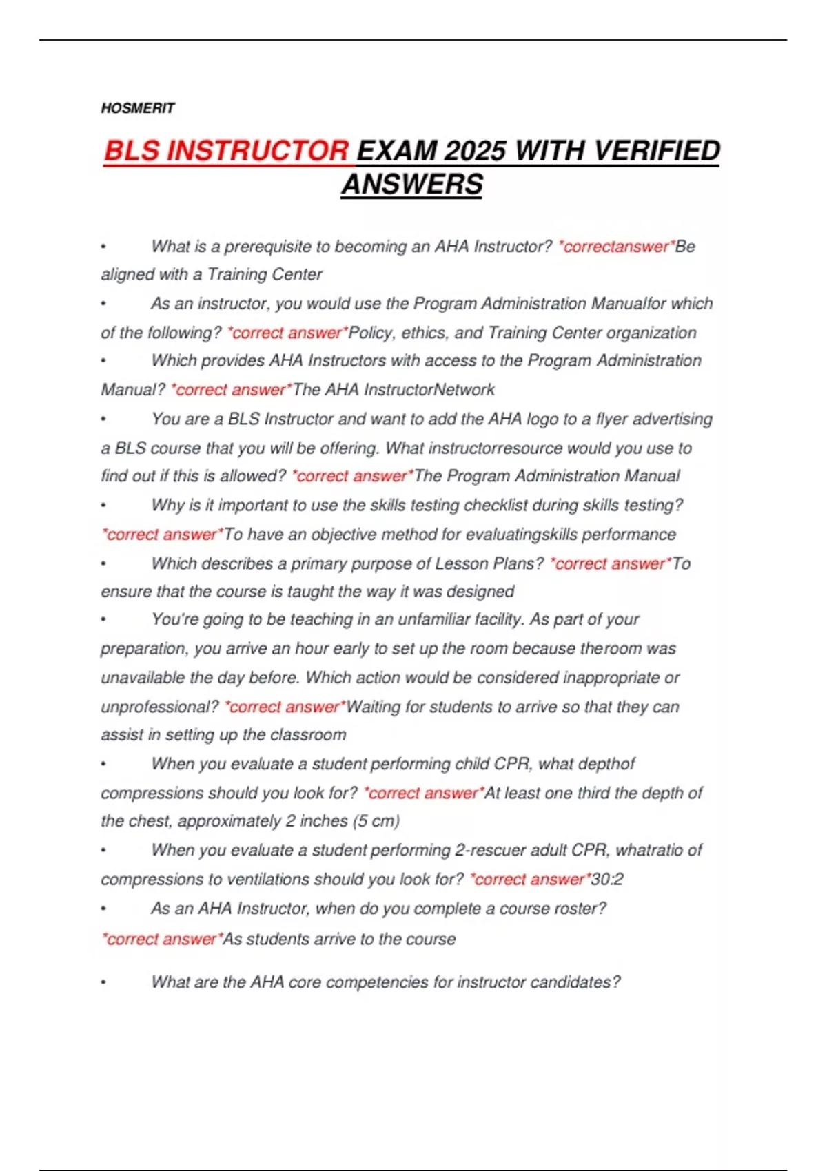 BLS INSTRUCTOR EXAM 2025 WITH VERIFIED ANSWERS - BLS - Stuvia US