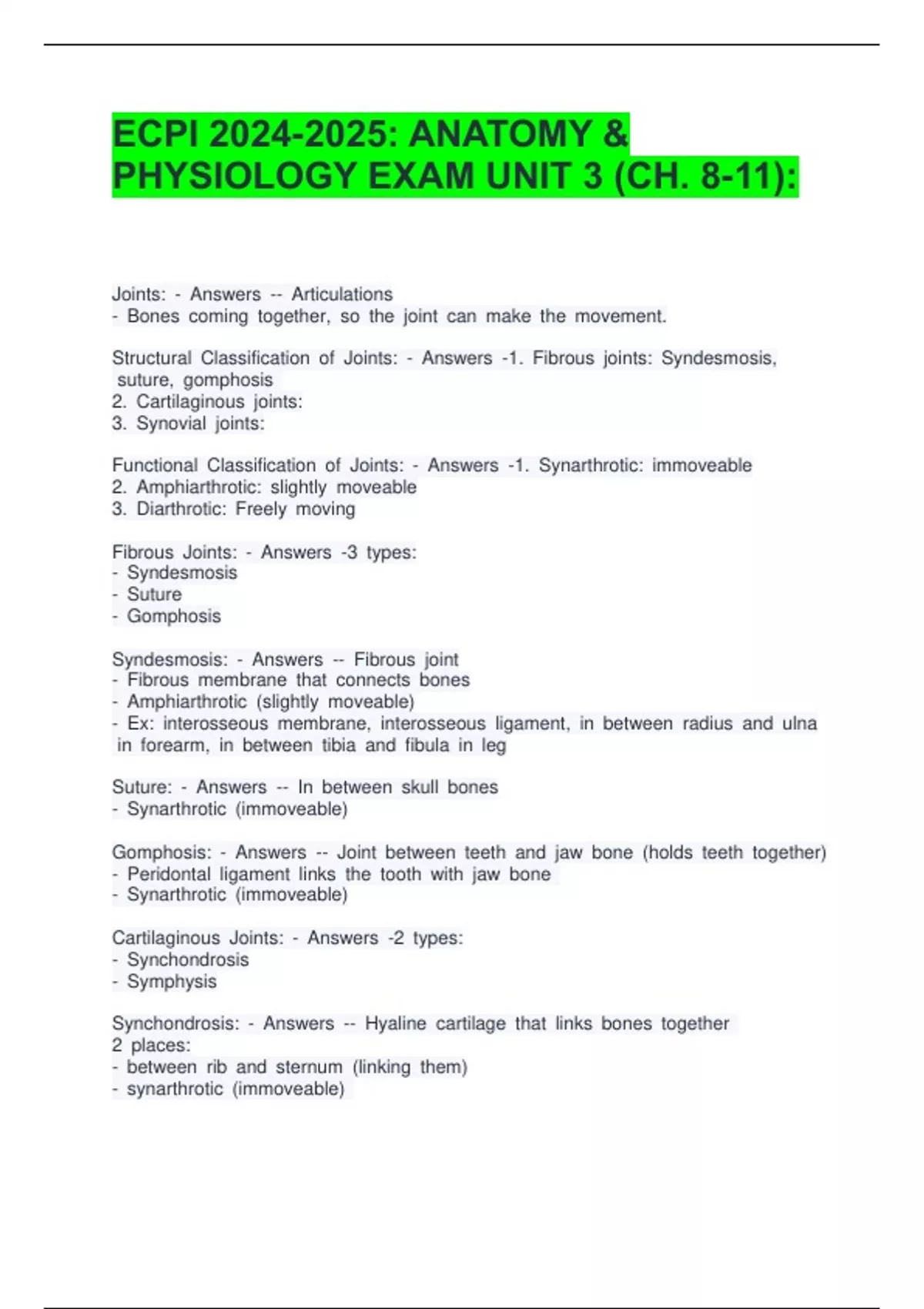 ECPI ANATOMY & PHYSIOLOGY EXAM UNIT 3 (CH. 8-11) QUESTIONS AND ANSWERS ...