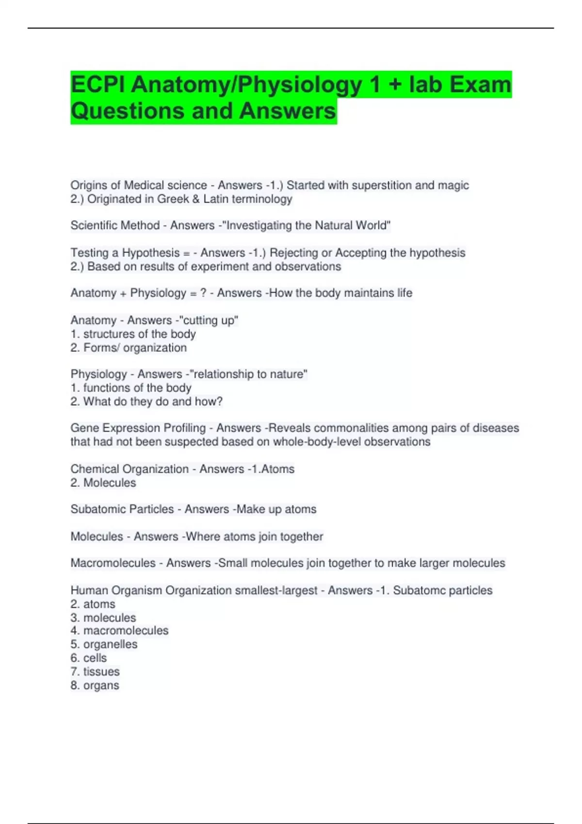 ECPI Anatomy-Physiology 1 + lab Exam Questions and Answers - ECPI ...