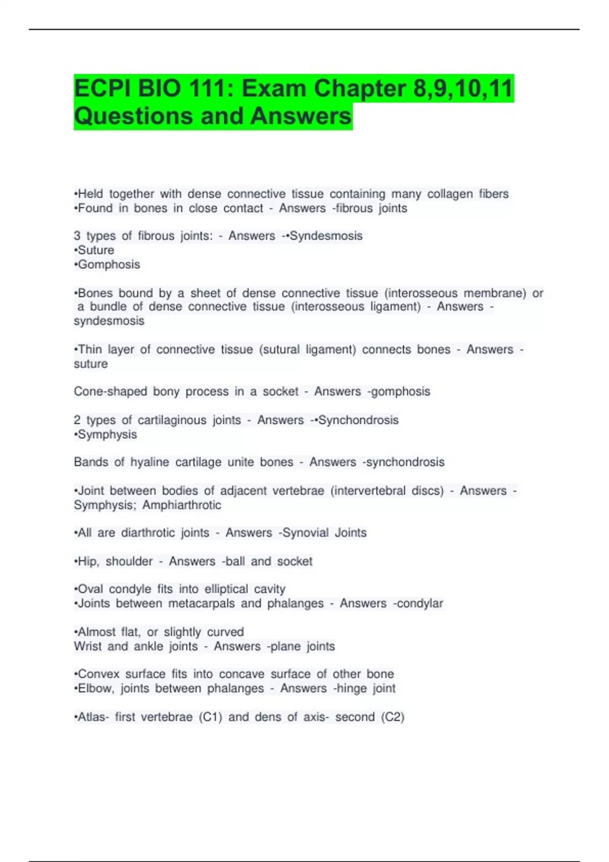 ECPI BIO 111 Exam Chapter 8,9,10,11 Questions and Answers - ECPI ...