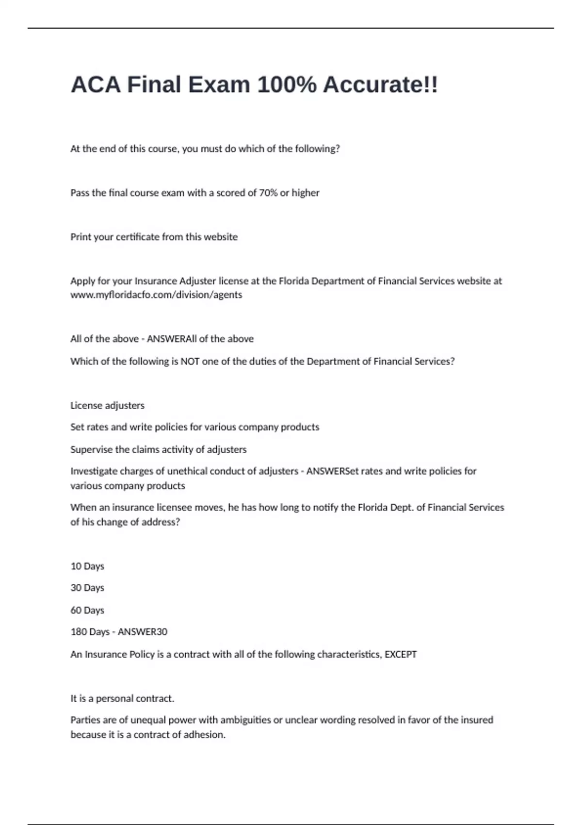 ACA Final Exam 100% Accurate!! - ACA - Stuvia US