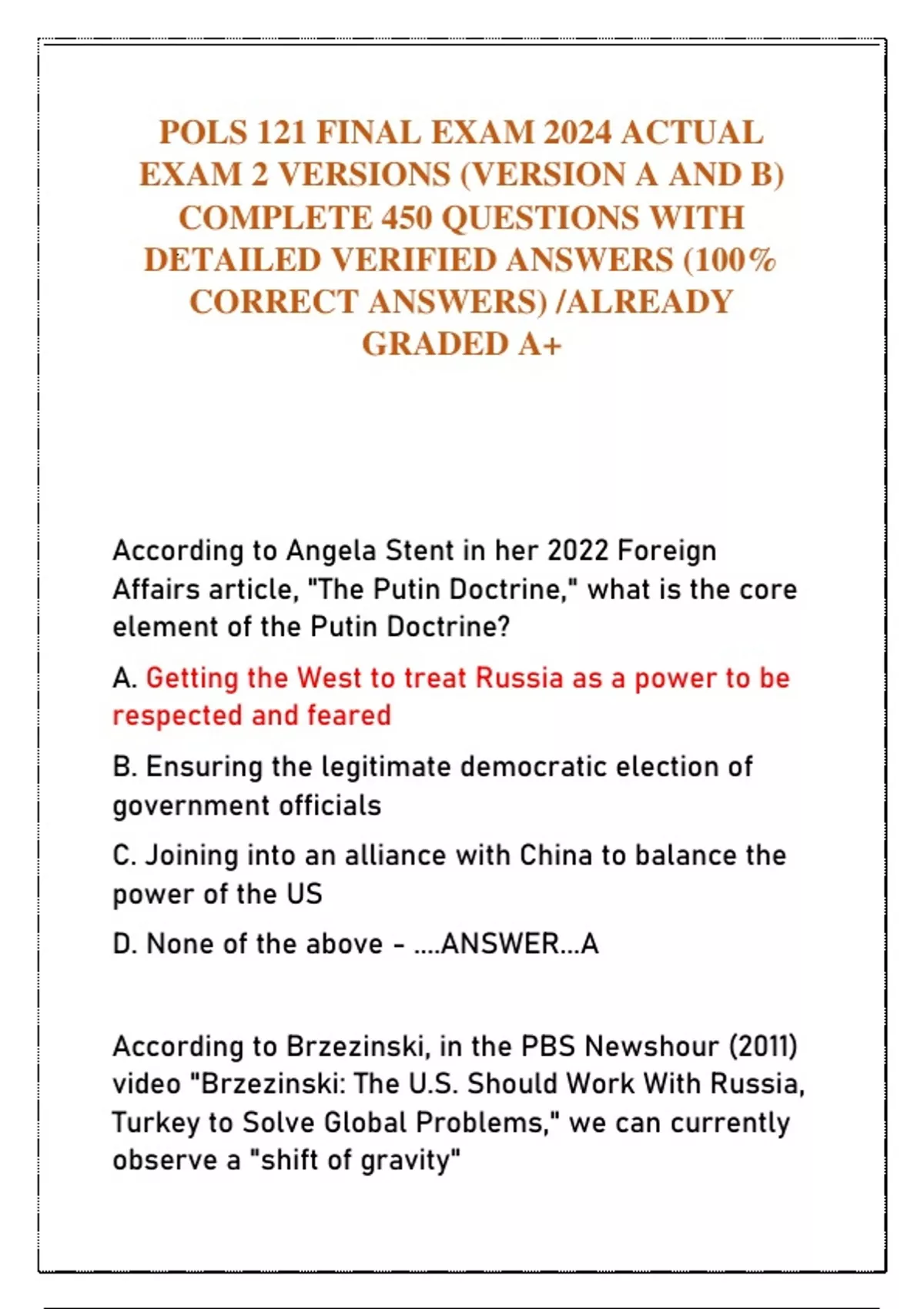 POLS 121 FINAL EXAM 2024 ACTUAL EXAM 2 VERSIONS (VERSION A AND B) COMPLETE 450 QUESTIONS WITH ...
