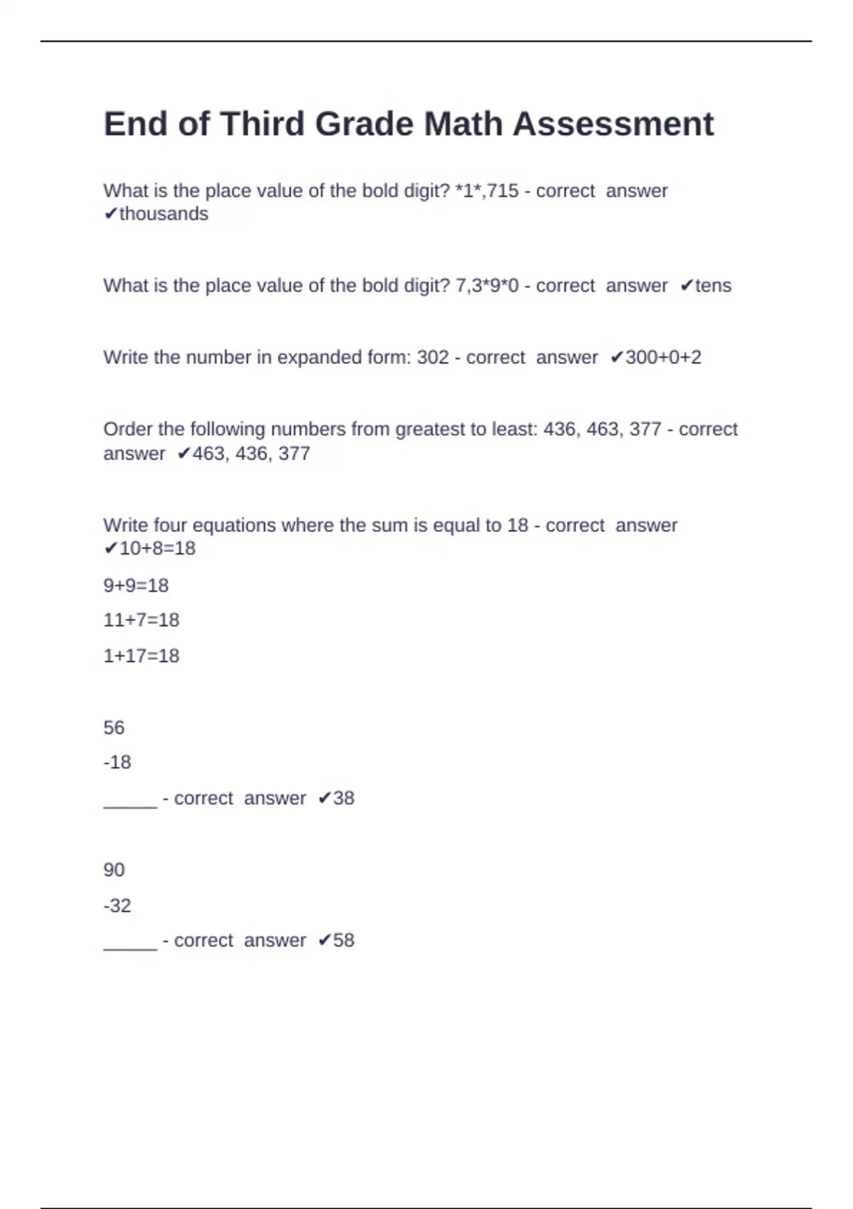 End of Third Grade Math Assessment Question and answers 100% correct ...