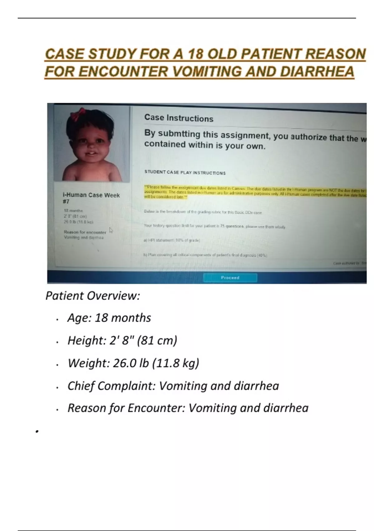 CASE STUDY FOR A 18 OLD PATIENT REASON FOR ENCOUNTER VOMITING AND ...