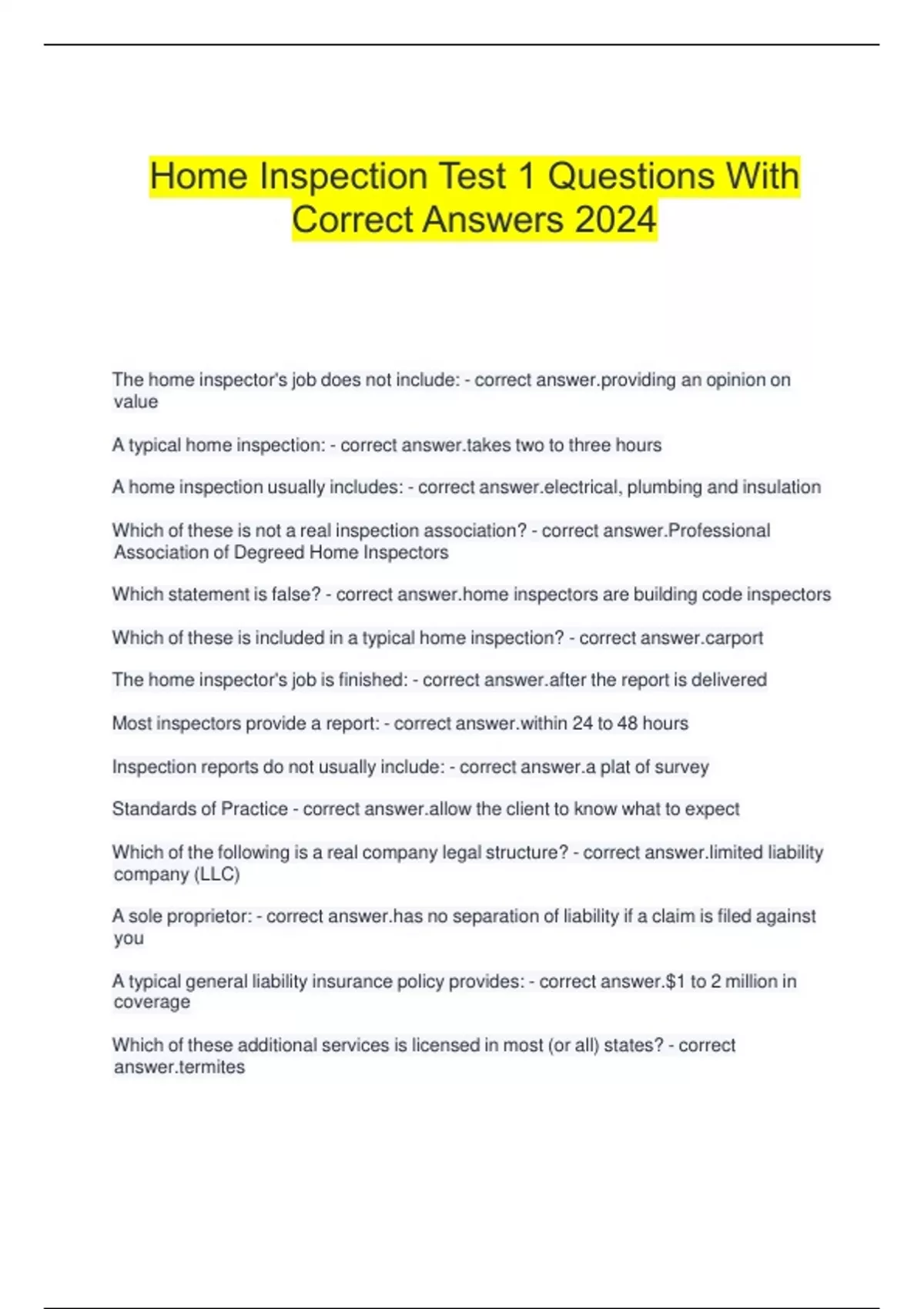 Home Inspection Test 1 Questions With Correct Answers 2024 - Home ...
