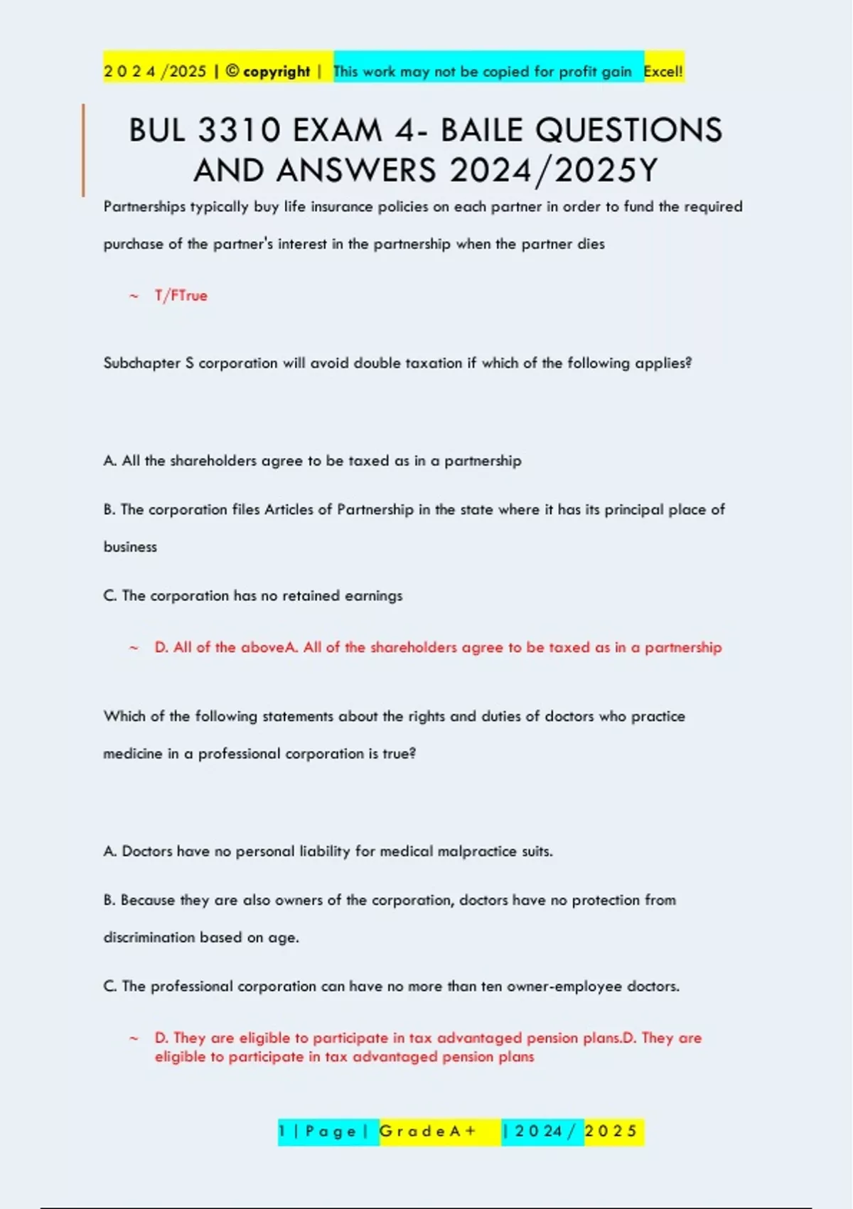 BUL 3310 EXAM 4- BAILE QUESTIONS AND ANSWERS 2024/2025 - BUL 3310 ...