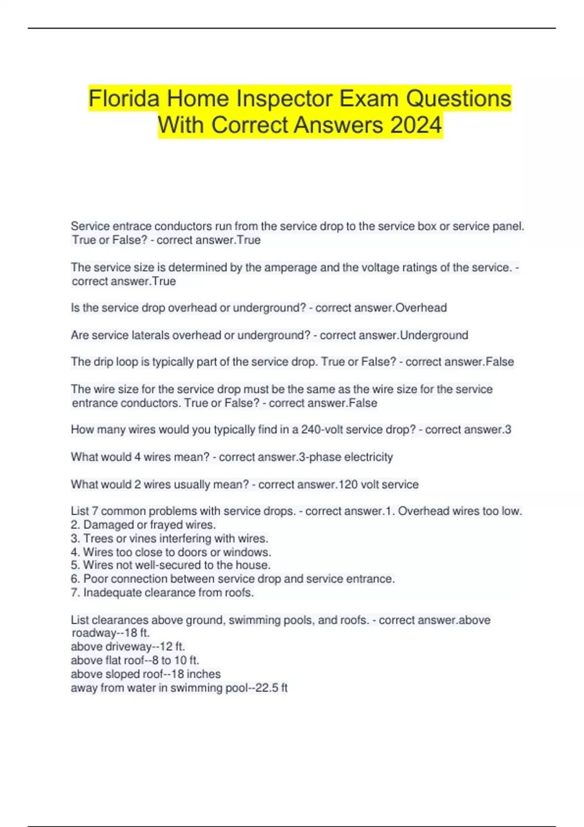 Florida Home Inspector Exam Questions With Correct Answers 2024 ...