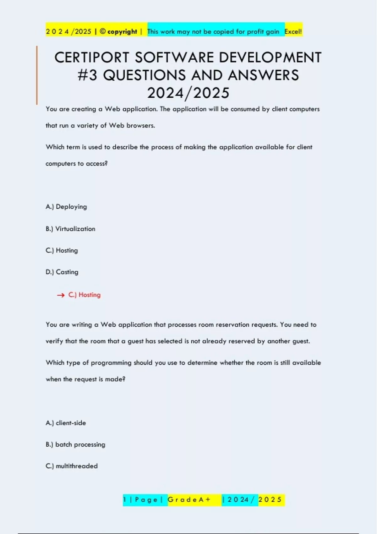 CERTIPORT SOFTWARE DEVELOPMENT #3 QUESTIONS AND ANSWERS 2024/2025 ...