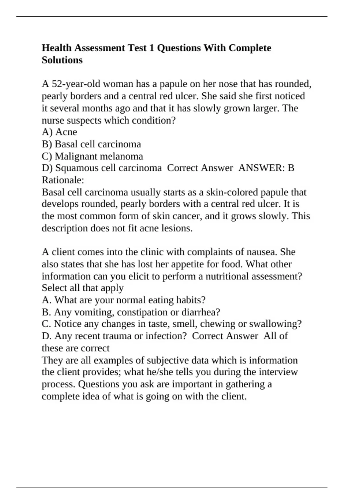 Health Assessment Test 1 Questions With Complete Solutions - Health ...
