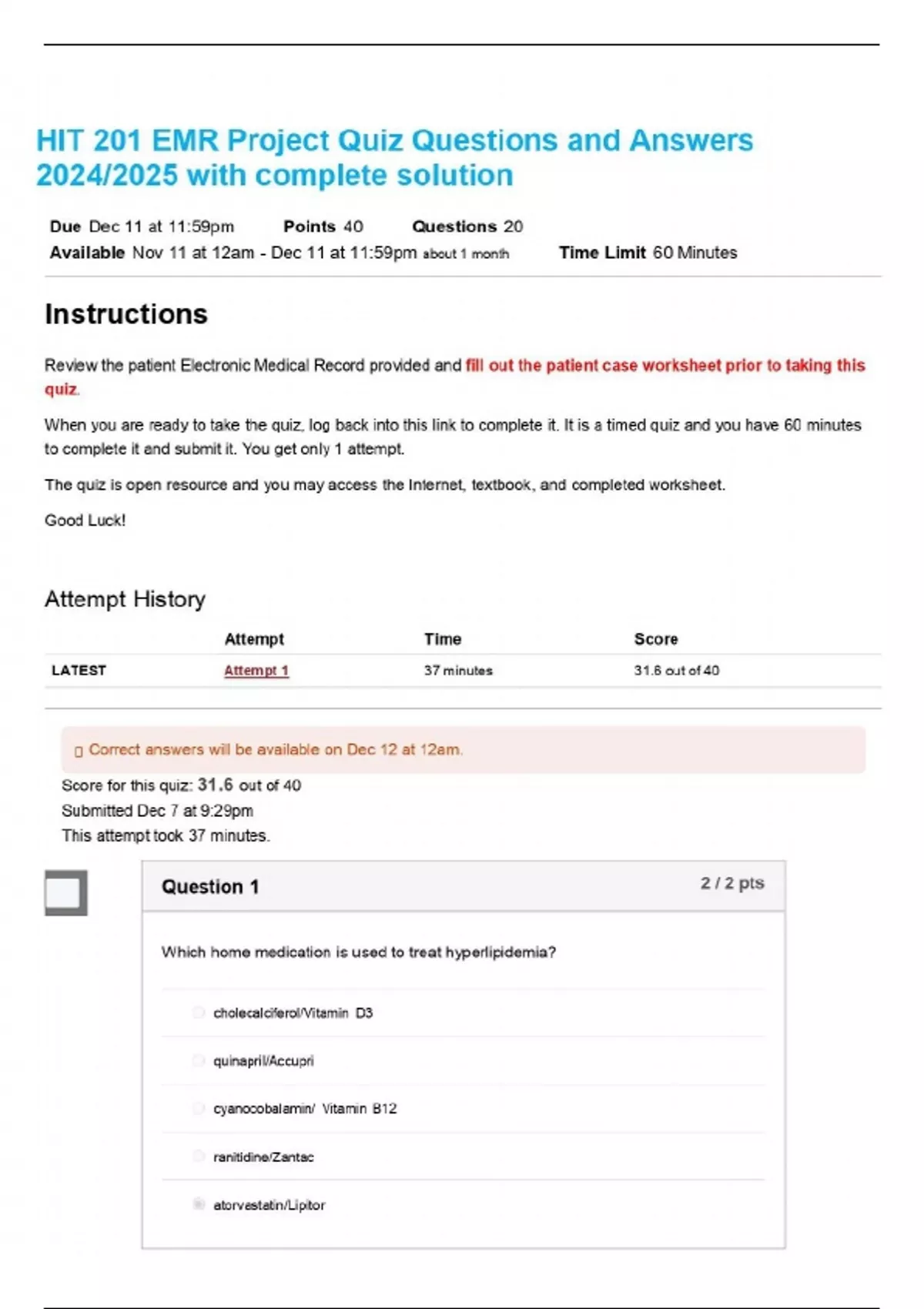 HIT 201 EMR Project Quiz Questions and Answers 2024/2025 with complete ...