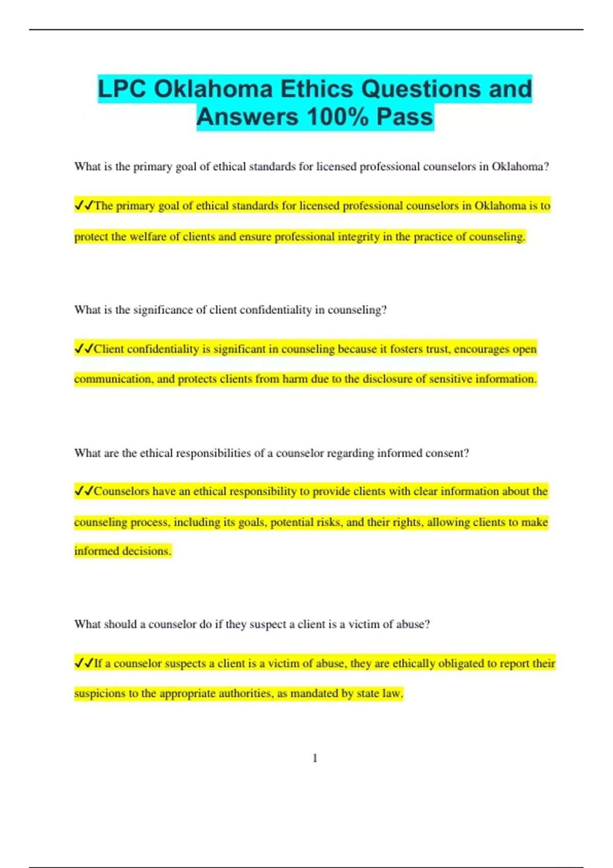 LPC Oklahoma Ethics Questions and Answers 100% Pass - LPC Oklahoma ...