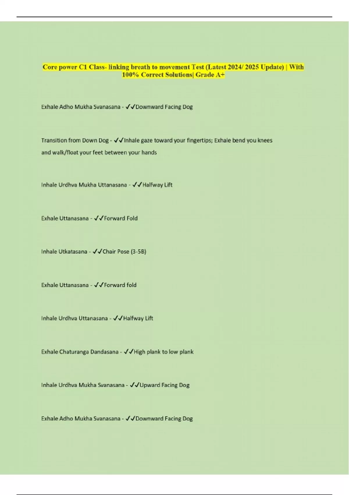Core Power C1 Class Linking Breath To Movement Test Latest 2024 2025 Update With 100