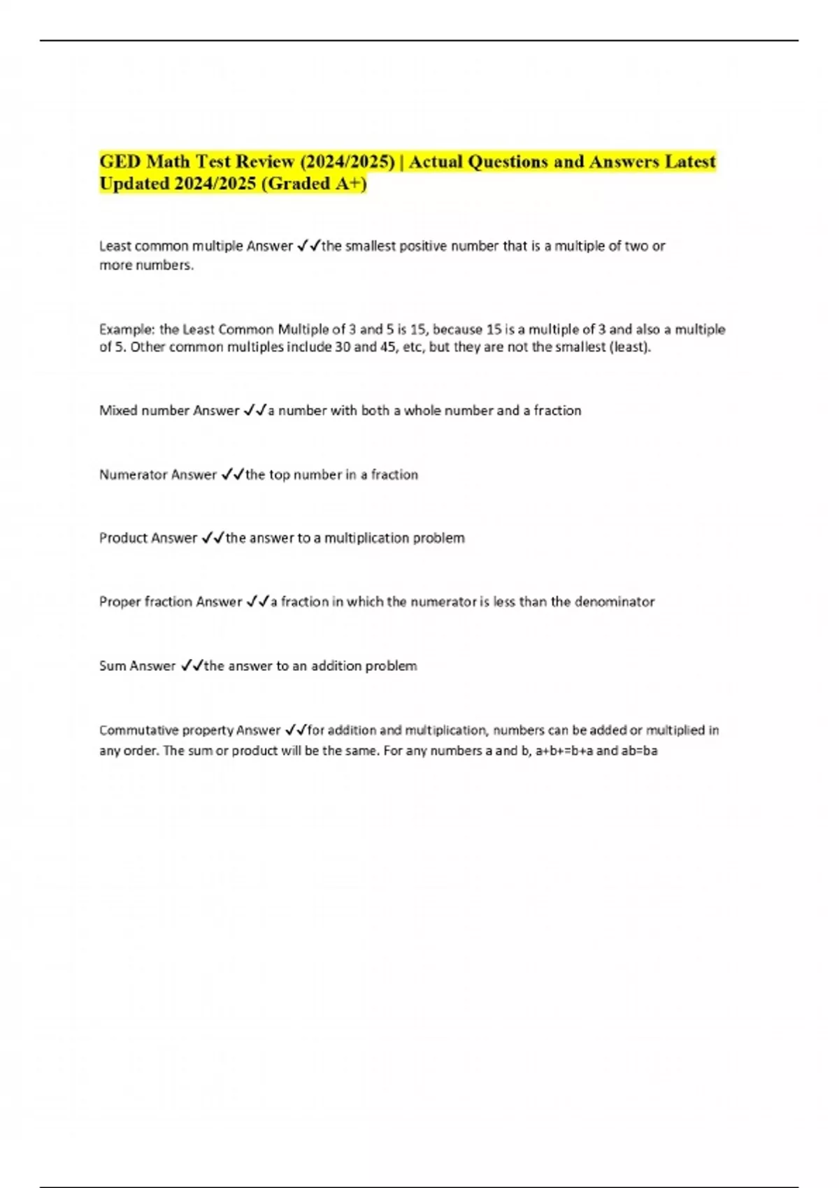 GED Math Test Review (2024/2025) | Actual Questions and Answers Latest ...