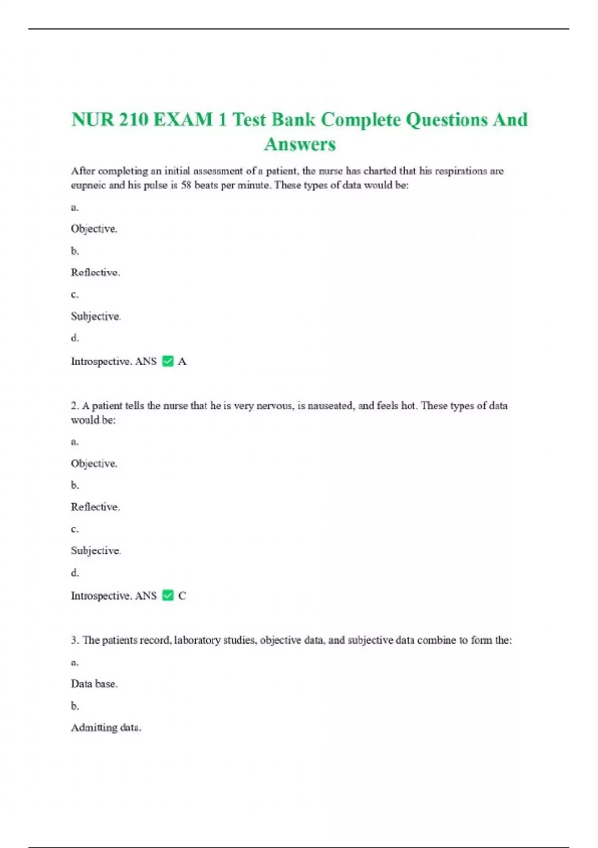 NUR 210 EXAM 1 Test Bank Complete Questions And Answers 2024/2025 ...