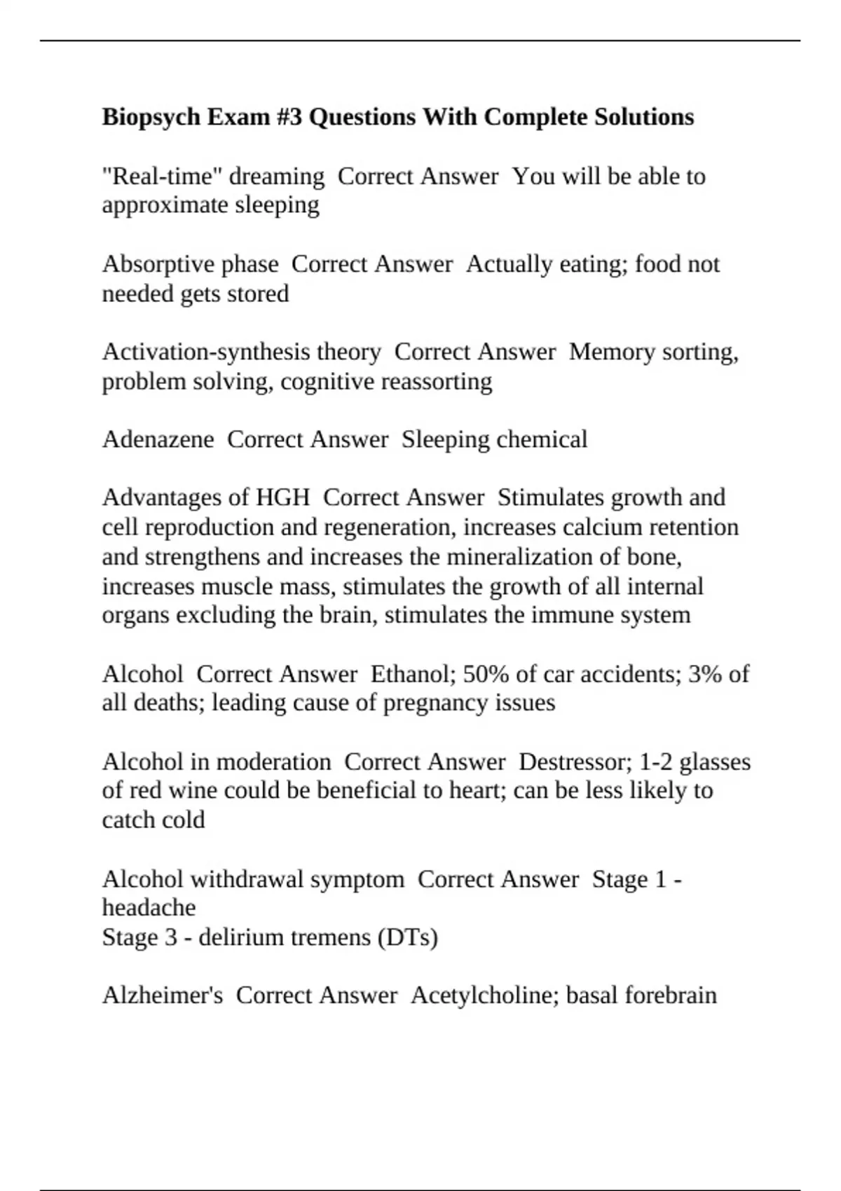 Biopsych Exam #3 Questions With Complete Solutions - BioPsych - Stuvia UK