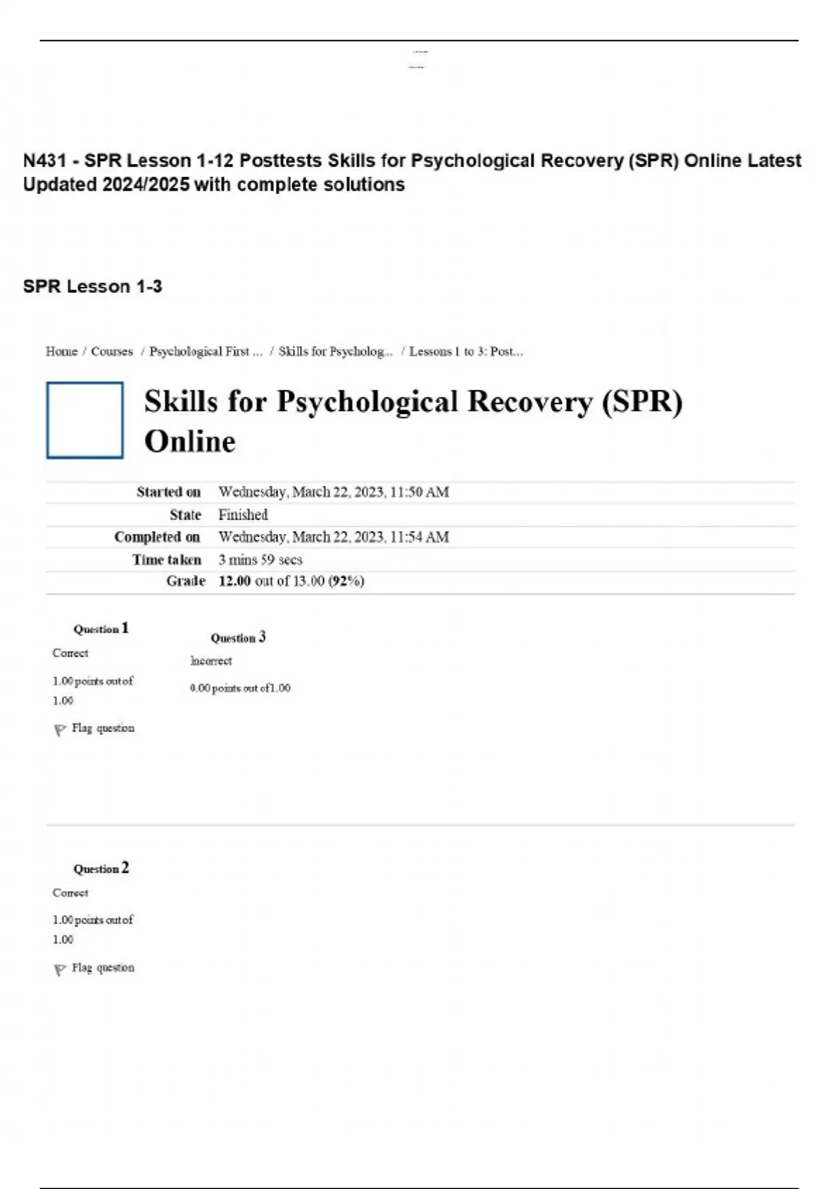 N431 - SPR Lesson 1-12 Posttests Skills for Psychological Recovery (SPR ...