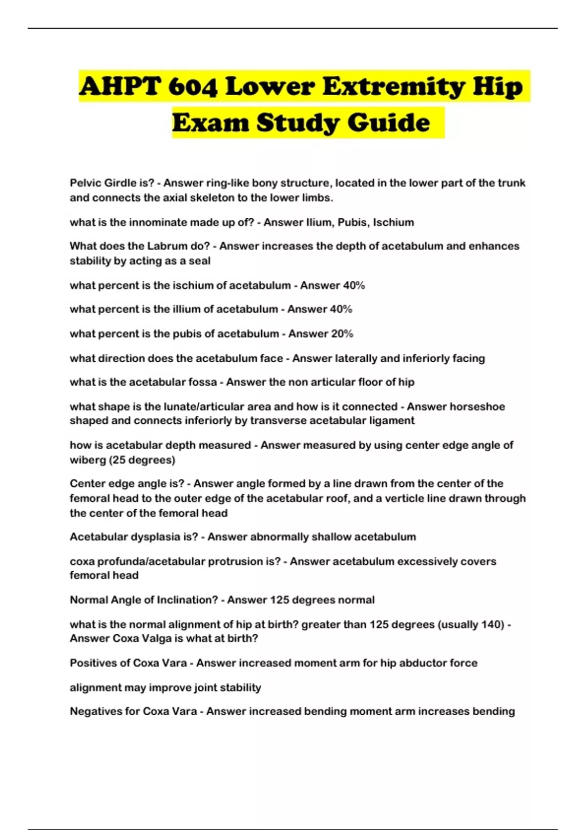 AHPT 604 Lower Extremity Hip Exam Study Guide - AHPT 604 - Stuvia US