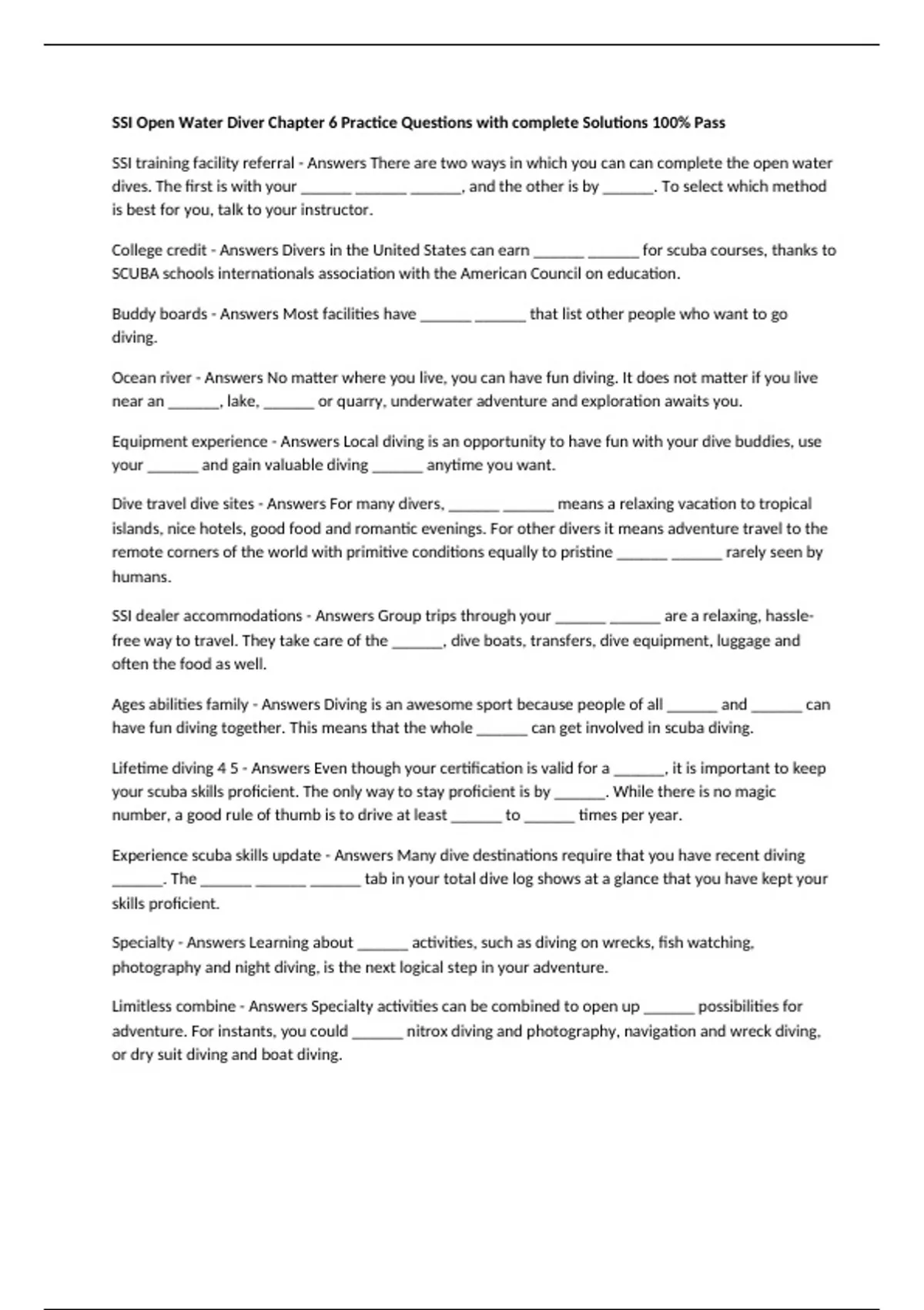 SSI Open Water Diver Chapter 6 Practice Questions with complete ...
