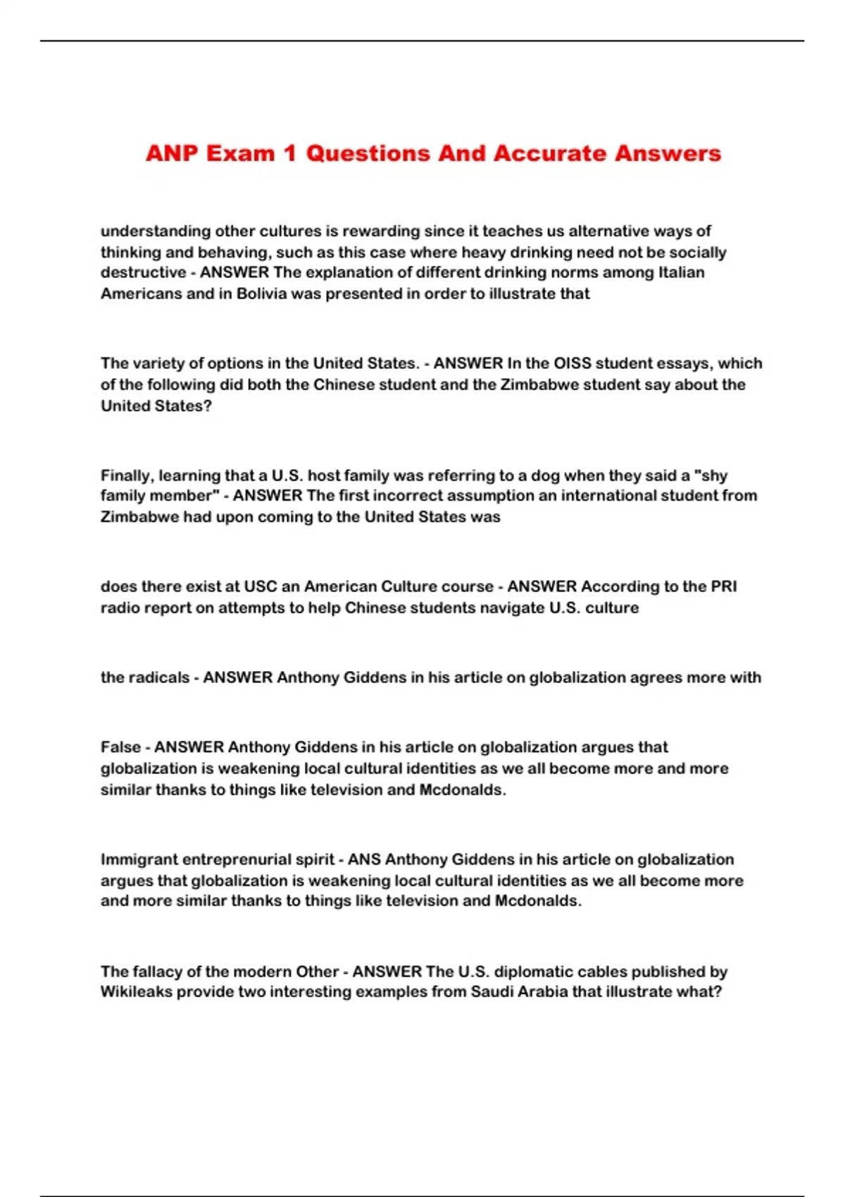 ANP Exam 1 Questions And Accurate Answers - ANP - Stuvia US