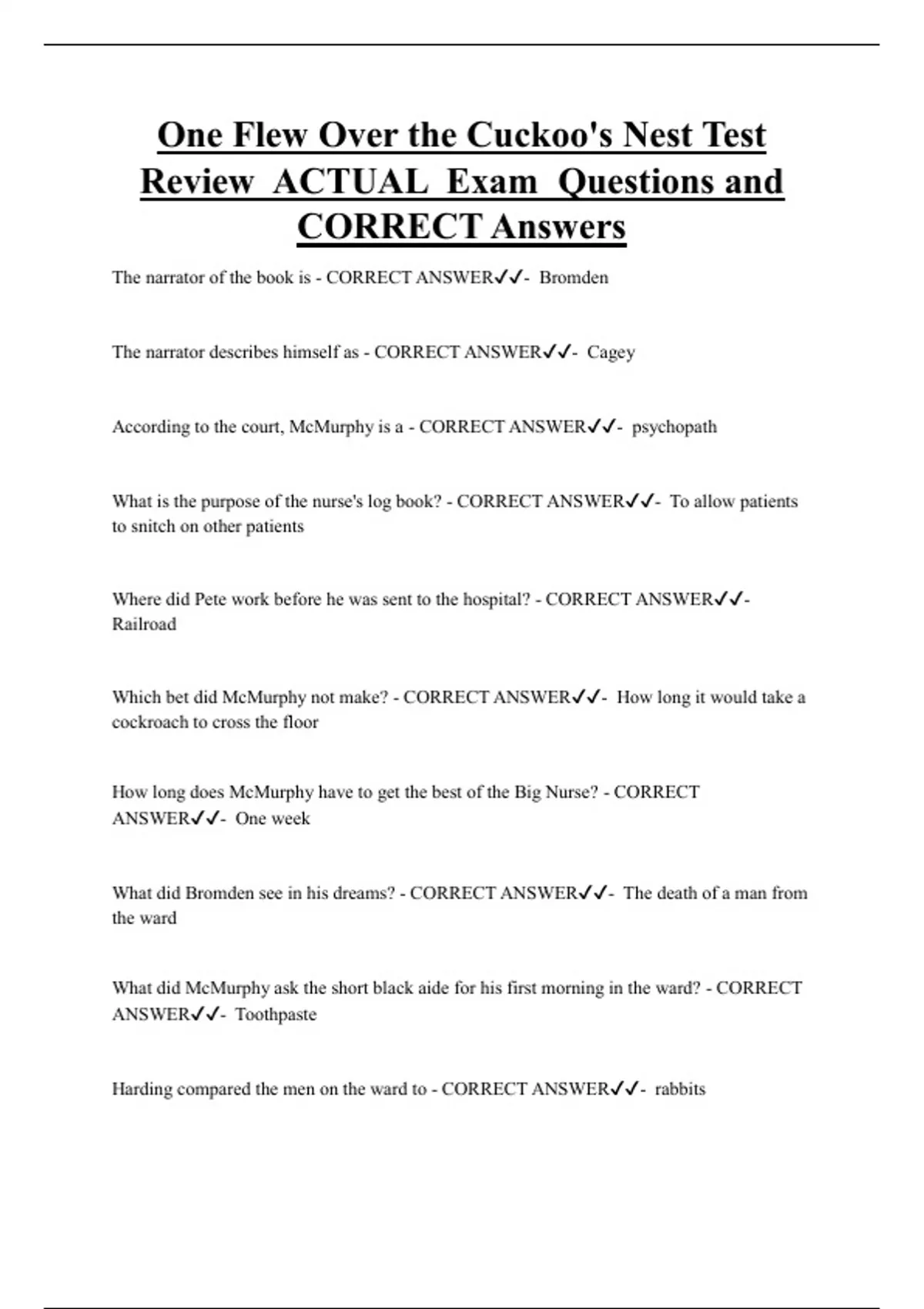 Cuckoo's Nest Bundled Exam Questions and CORRECT Answers - Stuvia US