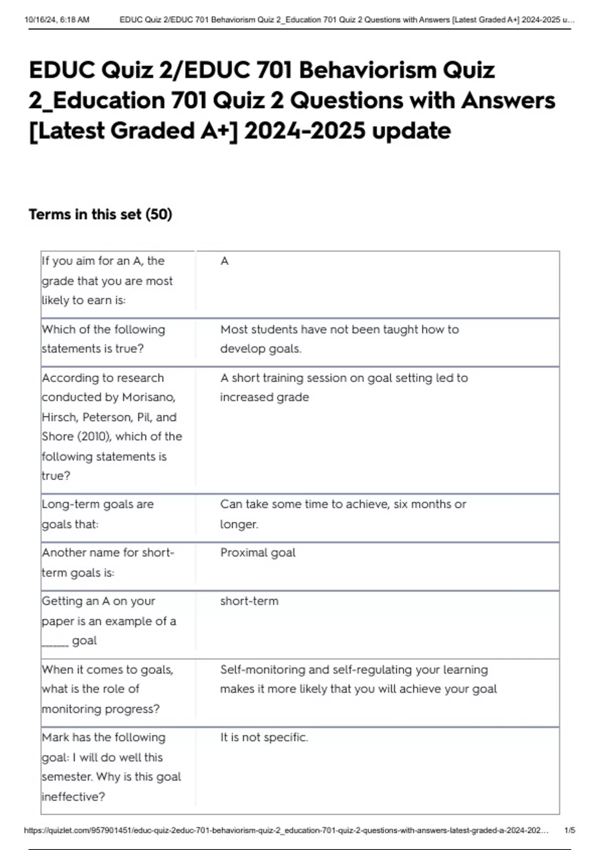 EDUC Quiz 2/EDUC 701 Behaviorism Quiz 2_Education 701 Quiz 2 Questions ...