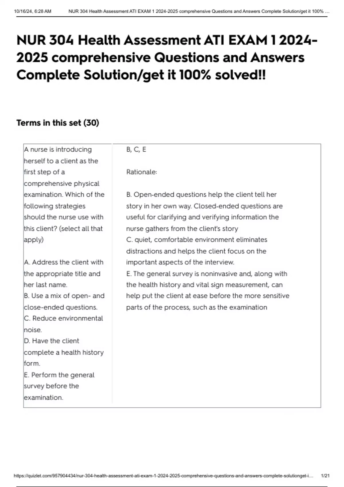 NUR 304 Health Assessment ATI EXAM comprehensive Questions and Answers Complete Solution/get it ...