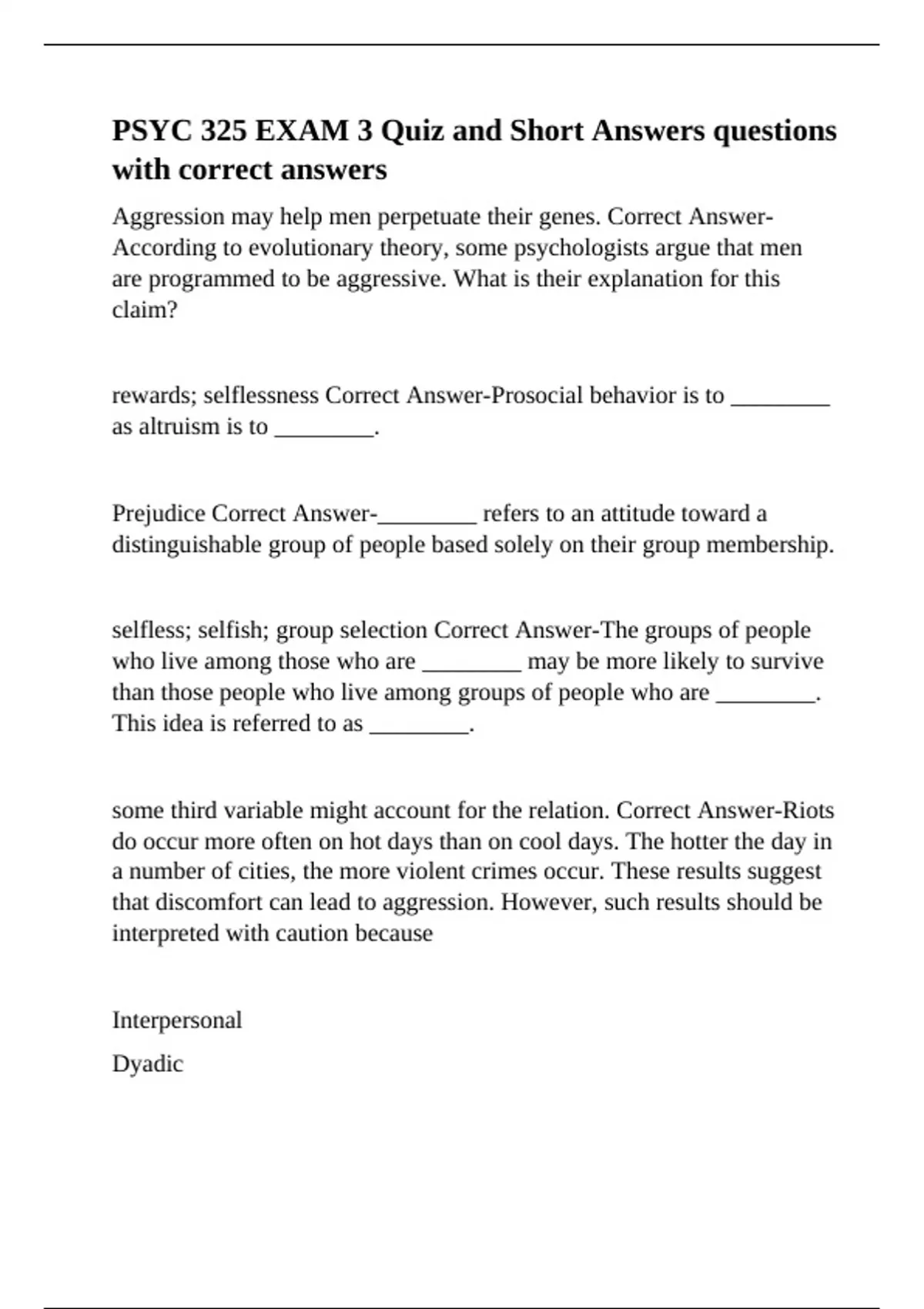 PSYC 325 EXAM 3 Quiz and Short Answers questions with correct answers ...