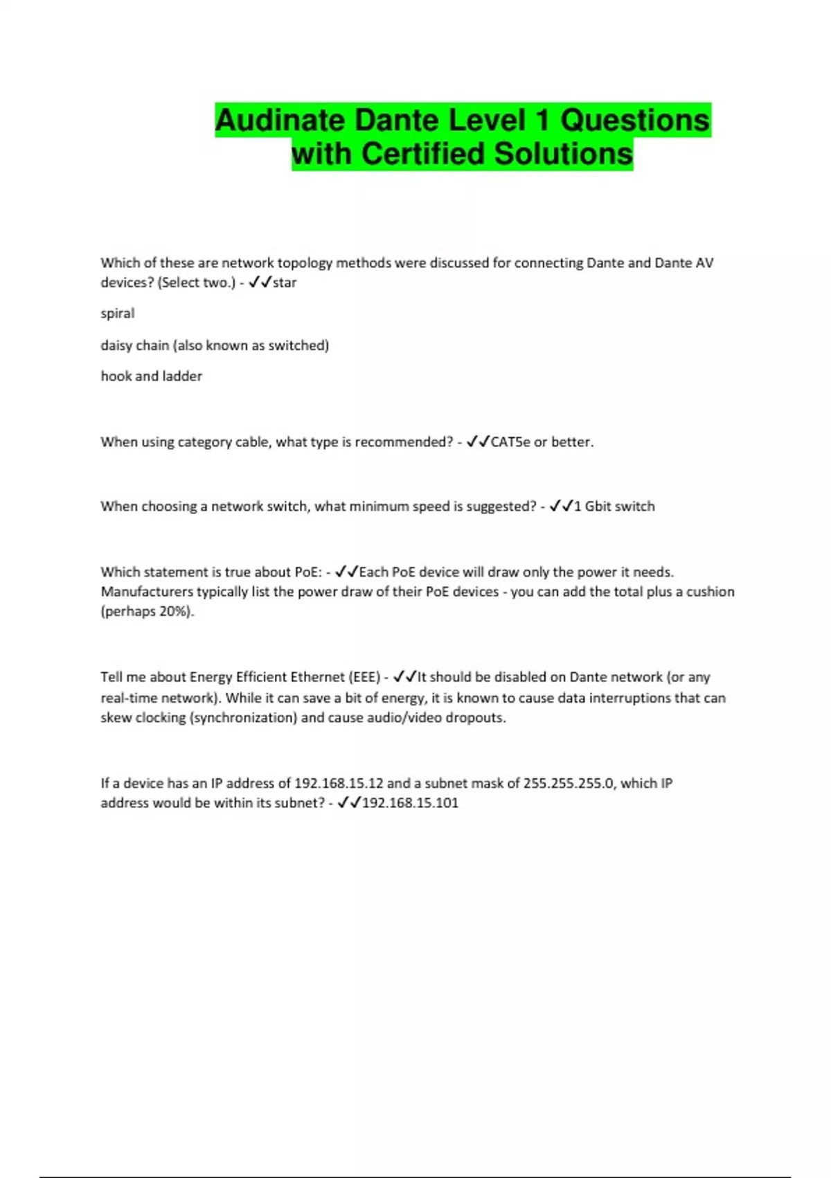 Audinate Dante Level 1 Questions with Certified Solutions - E.X.A.M ...