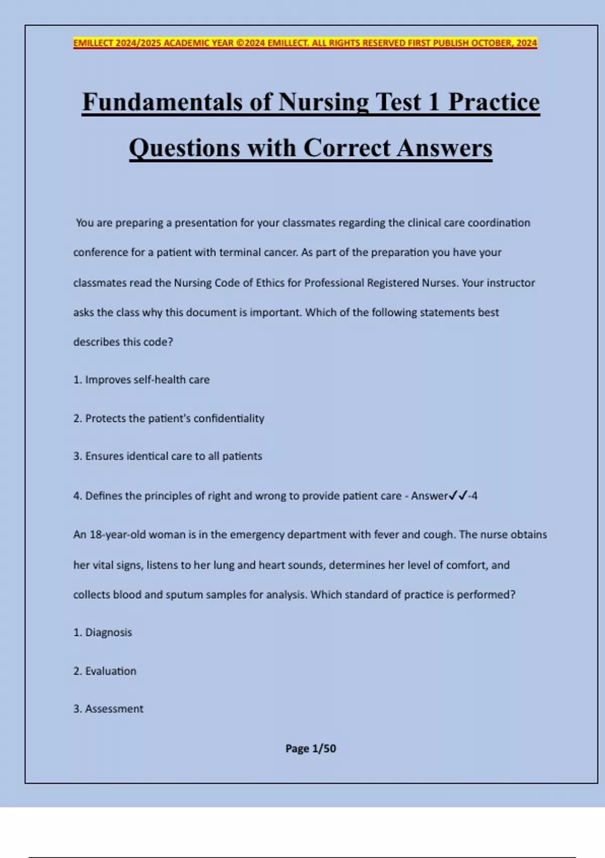 Fundamentals of Nursing Test 1 Practice Questions with Correct Answers ...