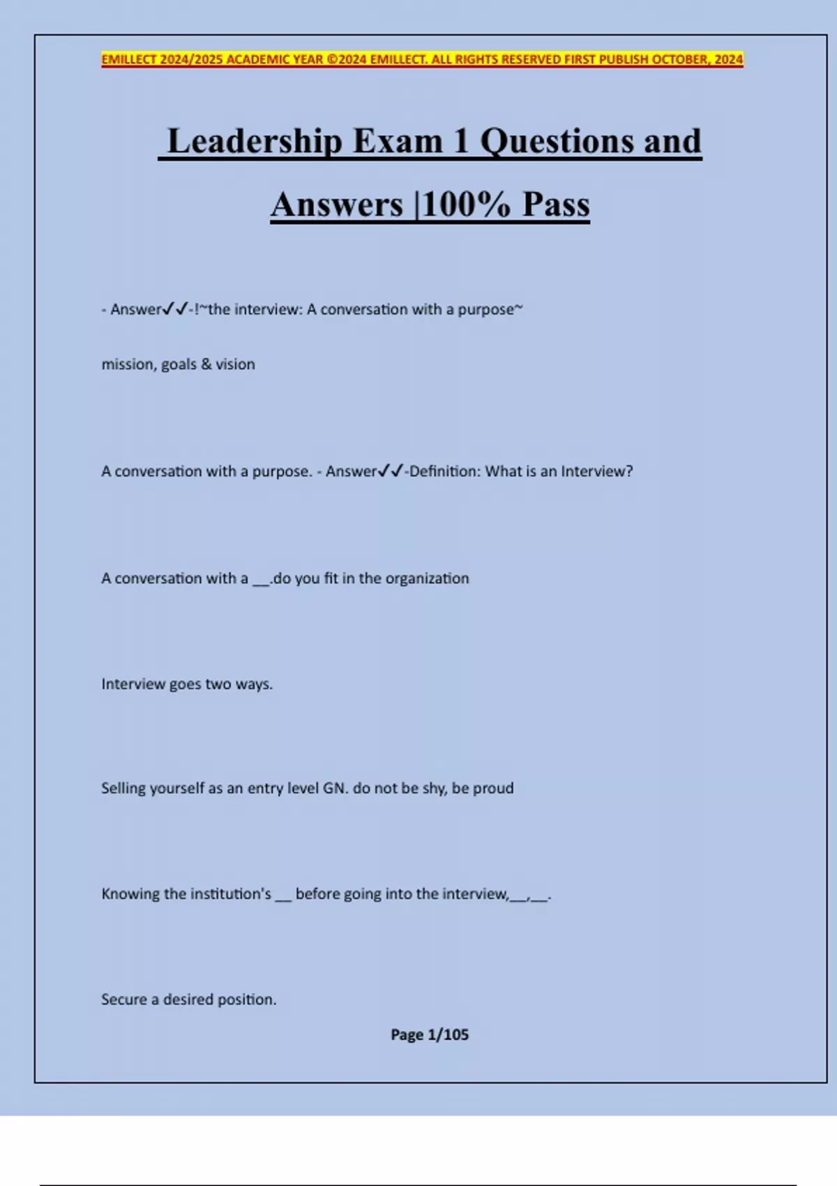Leadership Exam 1 Questions and Answers |100% Pass - Nursing - Stuvia US